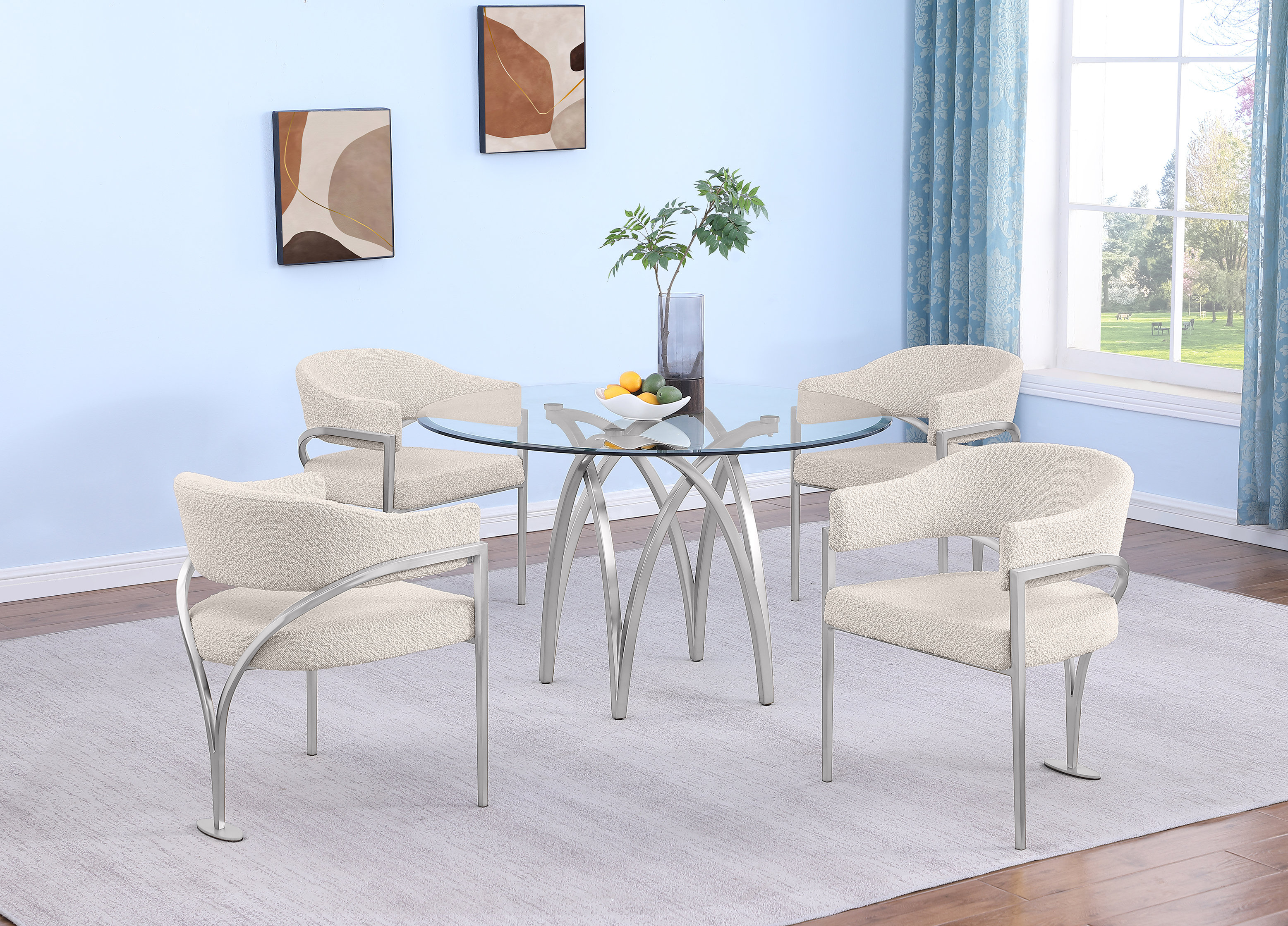 Hokku Designs 5Pc Circular Glass Dining Set With Boucle Fabric Chairs ...