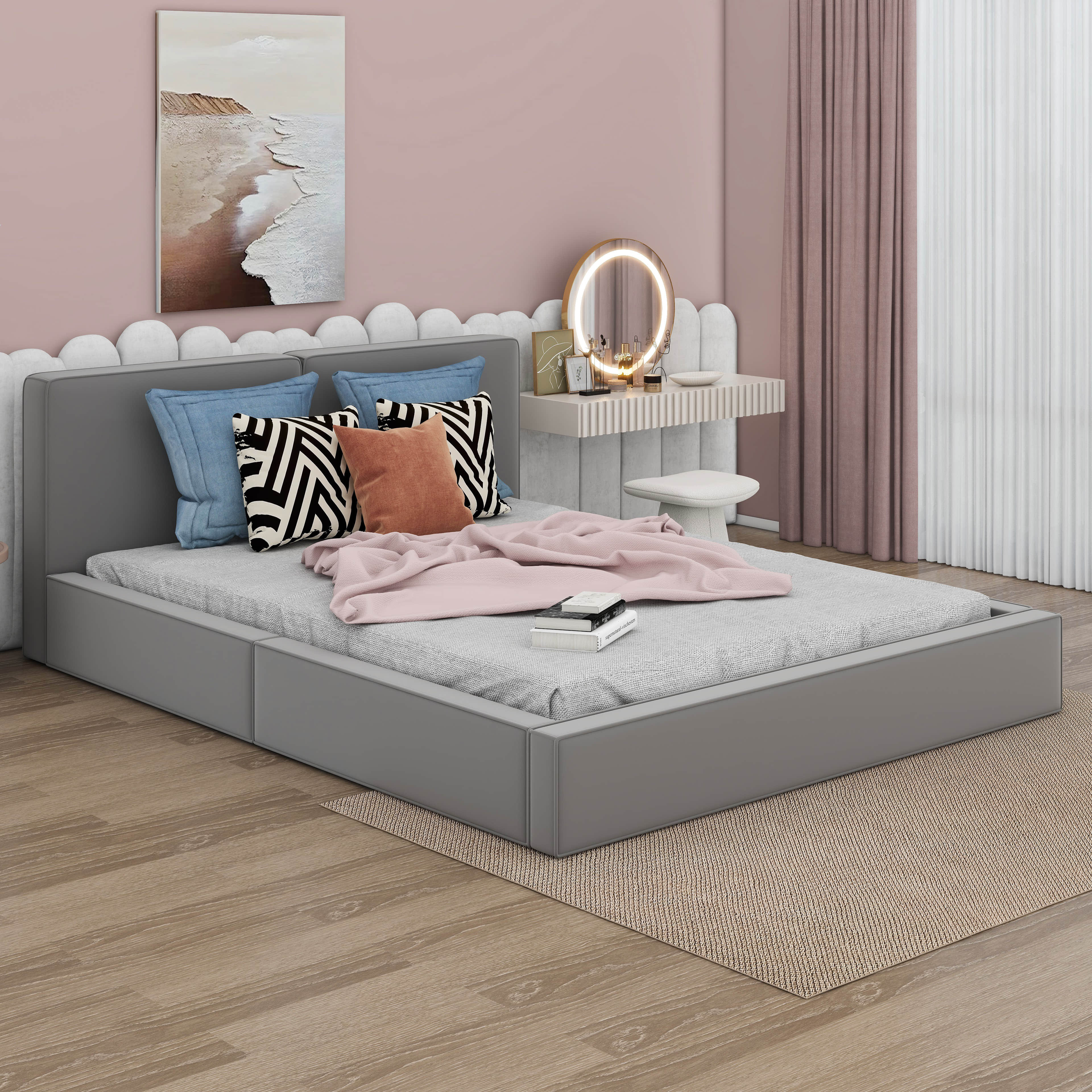 Latitude Run® Queen Size Upholstered Grounded Bed With Velvet Fabric ...