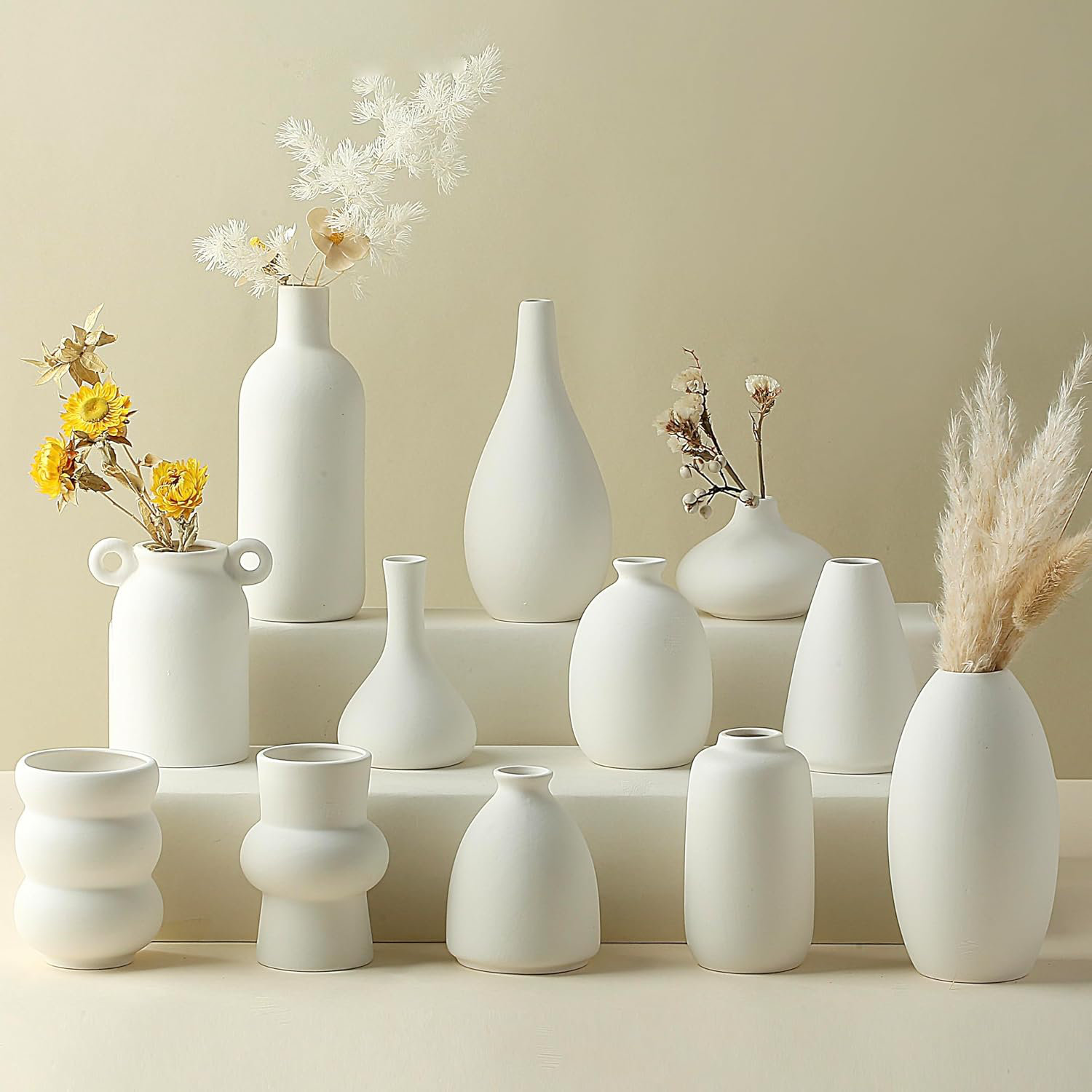 Orren Ellis Set Of 12 White Ceramic Bud Vases For Pampas Grass Flowers ...