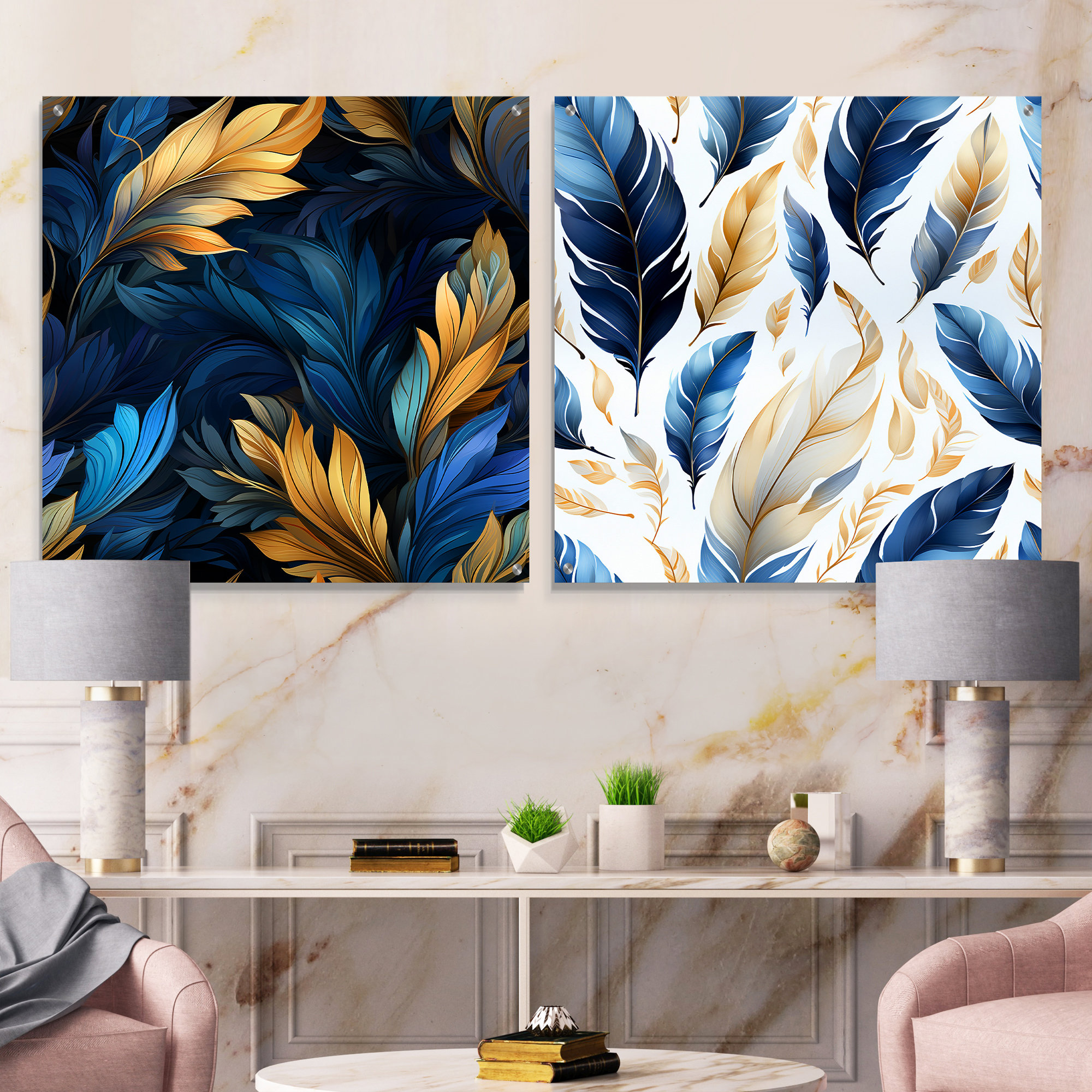 Design Art Sapphire Blue Dove Feathers - Abstract Boho Acrylic Wall Art ...