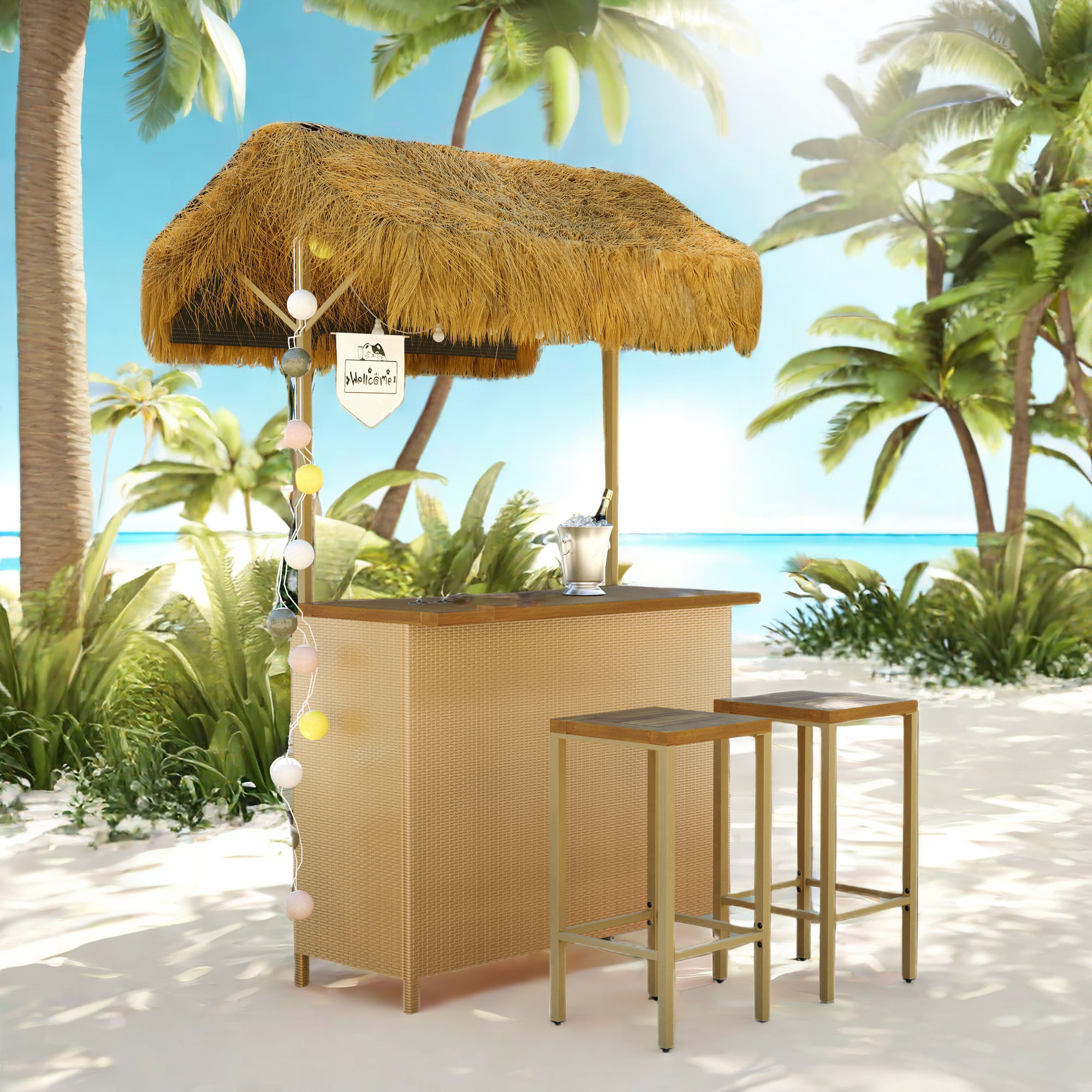 Latitude Run® Yuliia Hawaiian-Style 3 - Piece Outdoor Bar Table Set ...