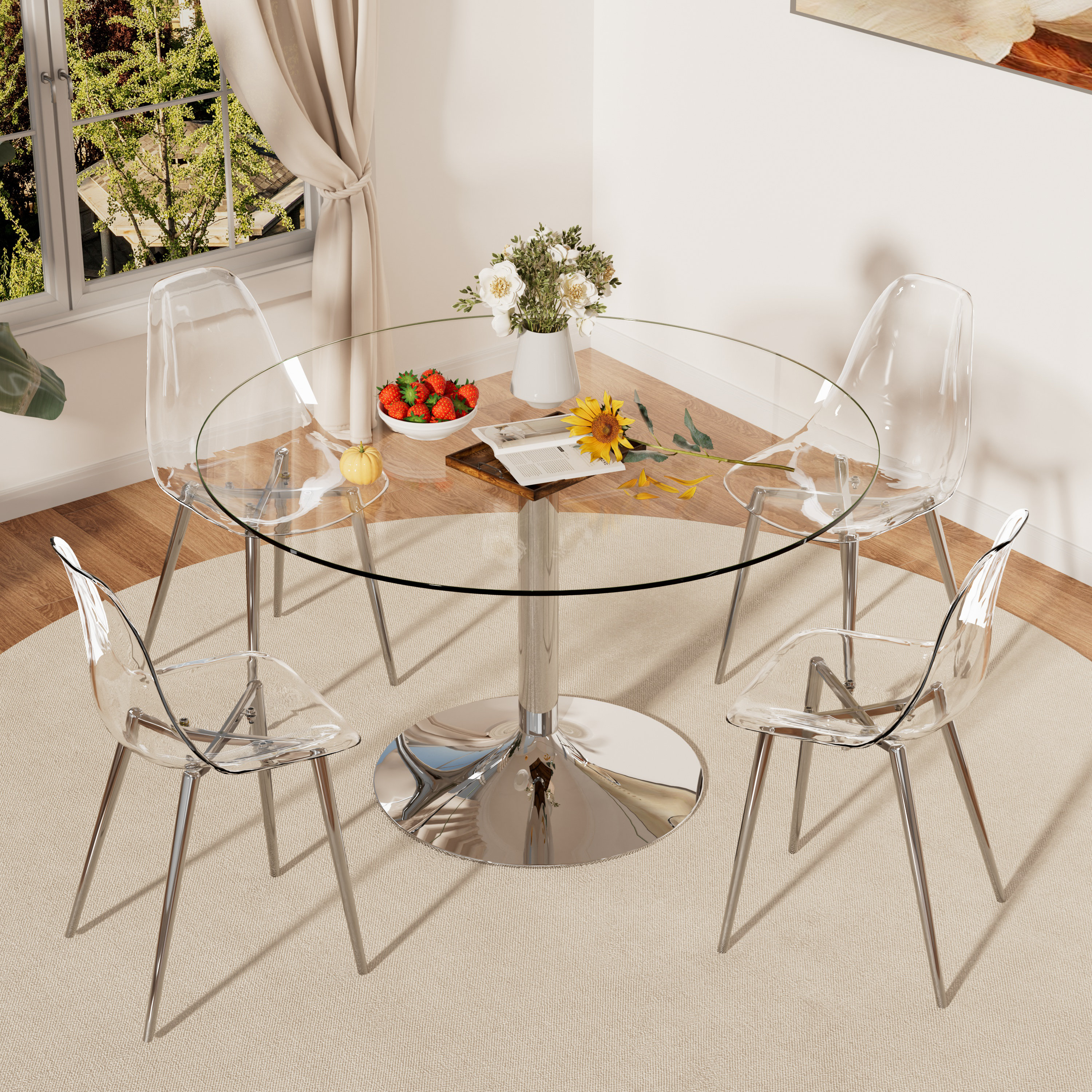 Mercer41 5-Peice Pedestal Glass Round Dining Set | Wayfair