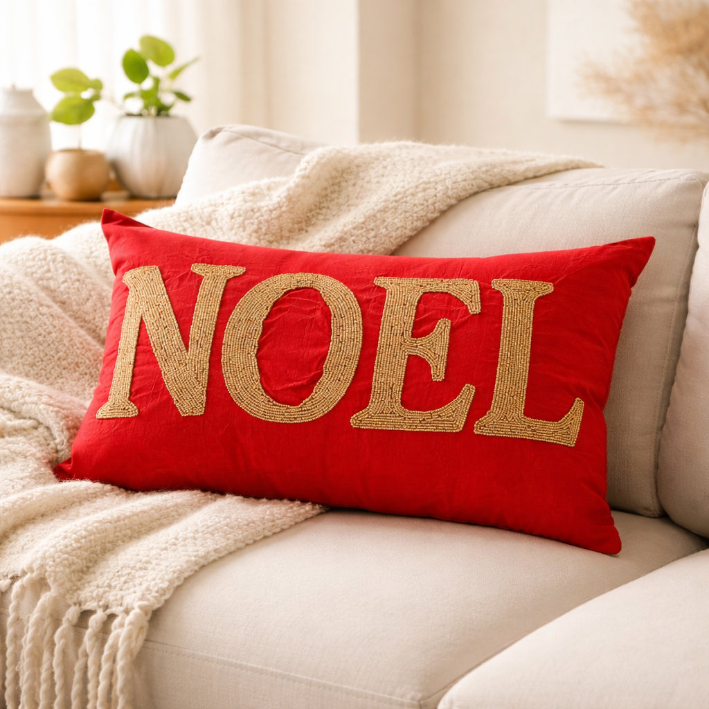 ExpoBazaar Handcrafted Red Noel Beadwork Lumber Pillow: Perfect for the ...