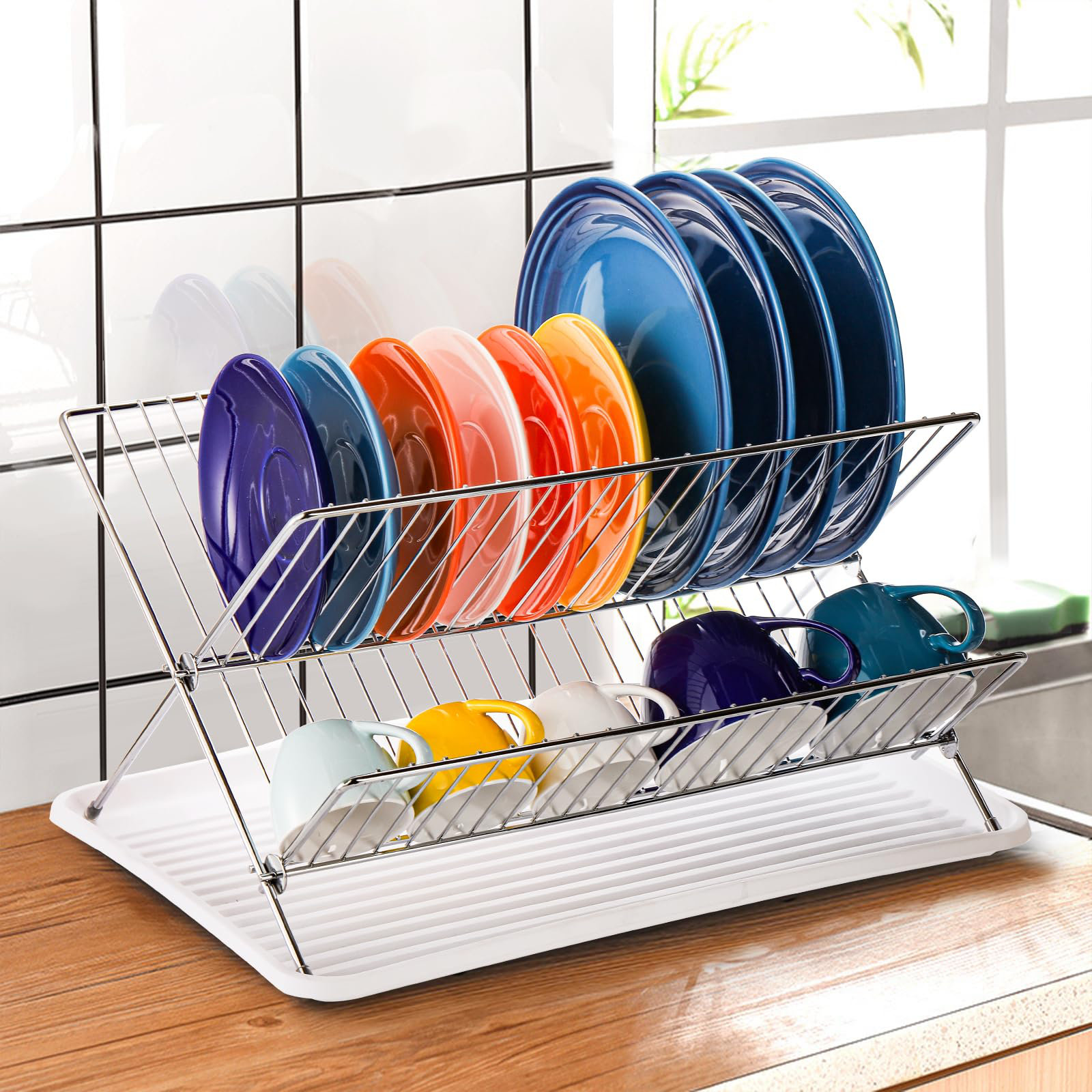 OUMIKEJI Foldable Dish Drying Rack With Drip Tray, Stainless Steel 2 ...