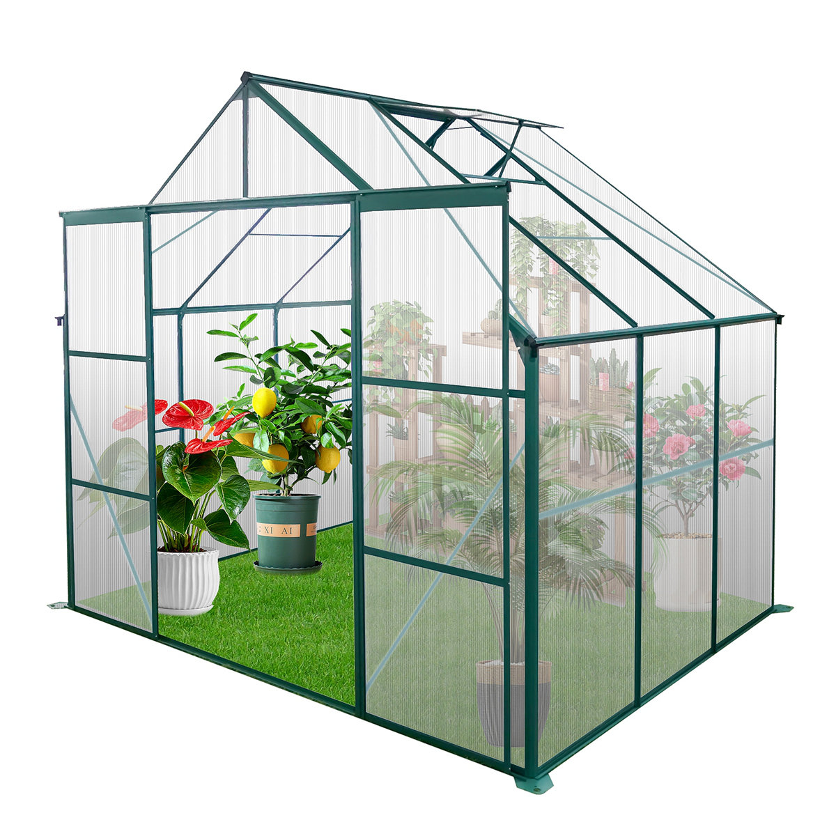GZMWON Double Door Polycarbonate Greenhouse Raised Base And Anchor Aluminum Heavy Duty Walk-In ...