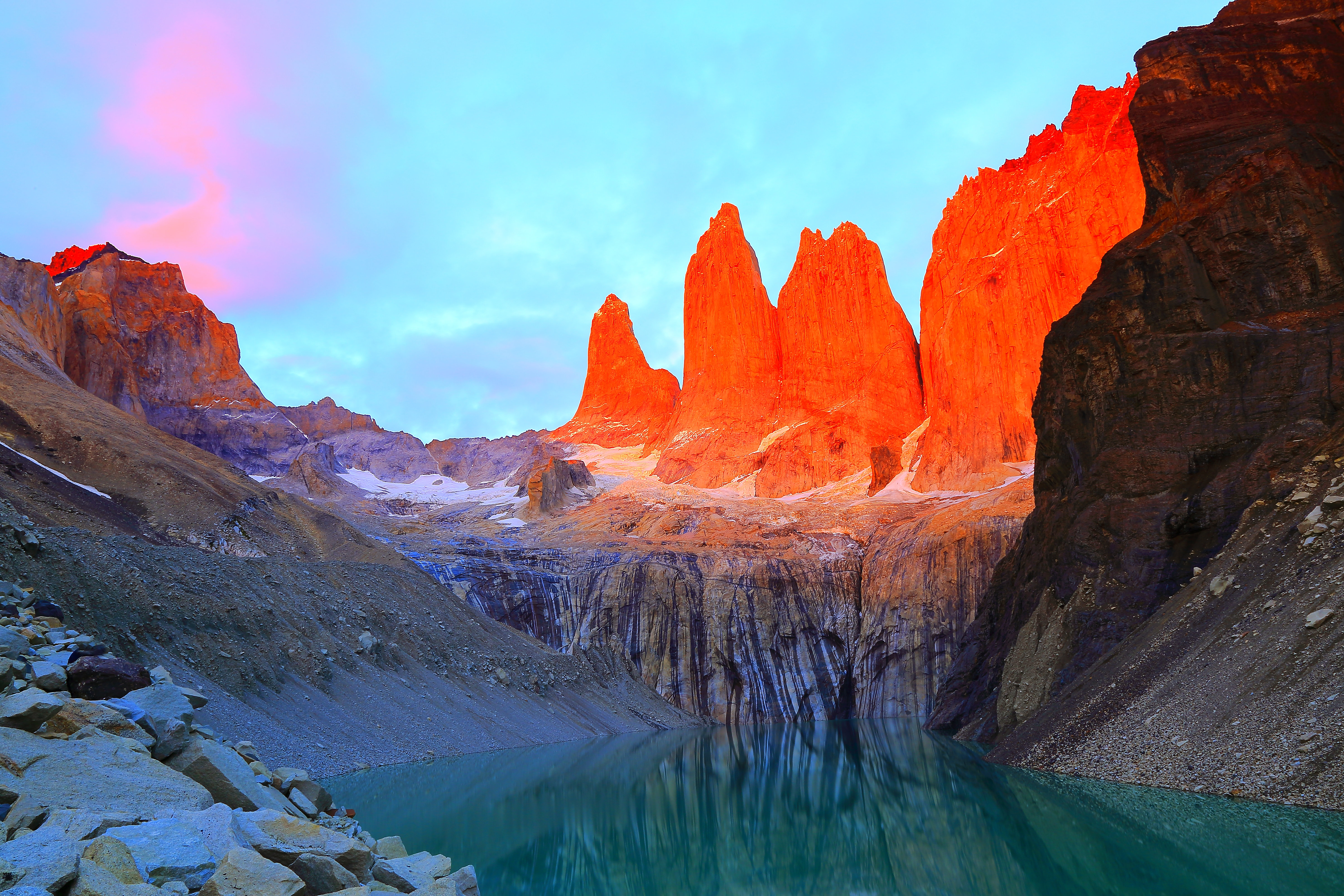 Union Rustic Torres Del Paine & Lake Reflection at Dramatic Sunrise ...