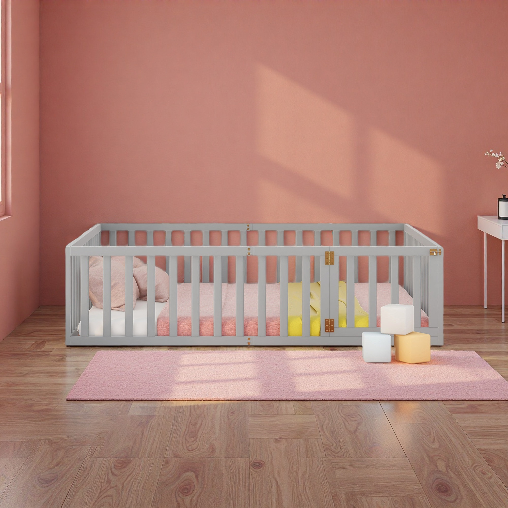 Harriet Bee Queen Size Wood Floor Bed Frame With Fence And Door | Wayfair