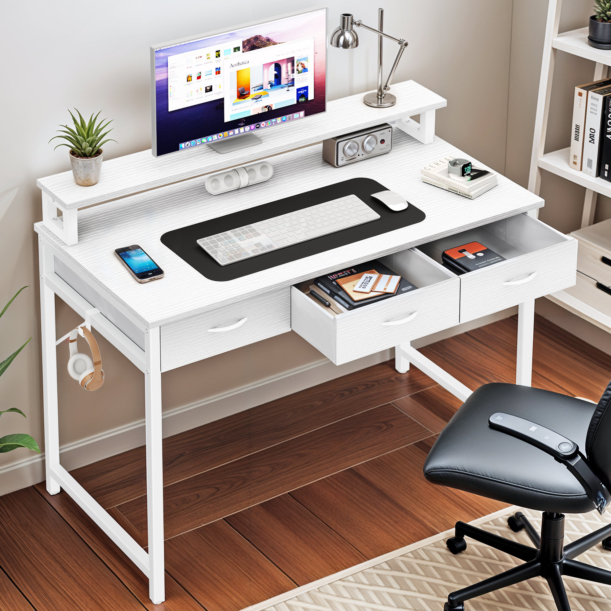 Ebern Designs 3-Drawers Computer Desk with Elevated Monitor Platform ...