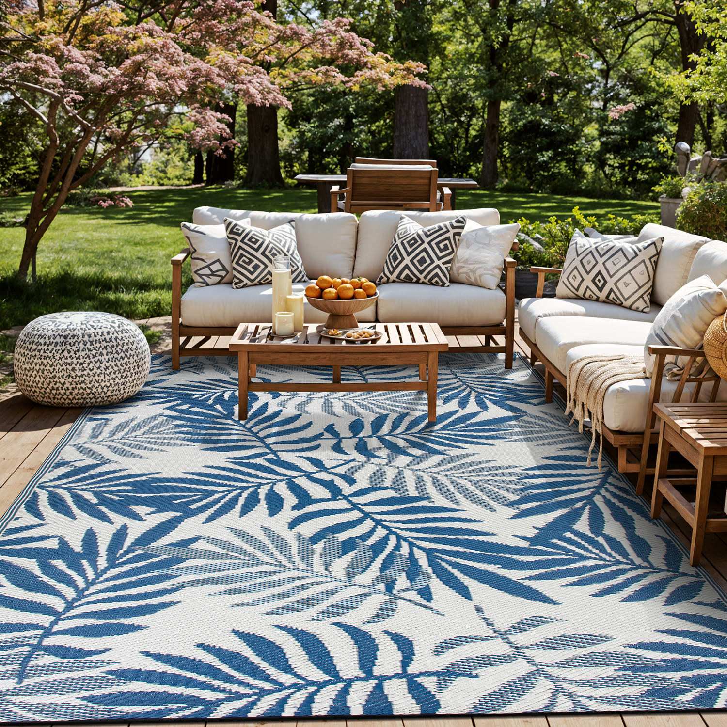 Winston Porter Ramveer Leaves Navy/Ivory Reversible Indoor/Outdoor ...