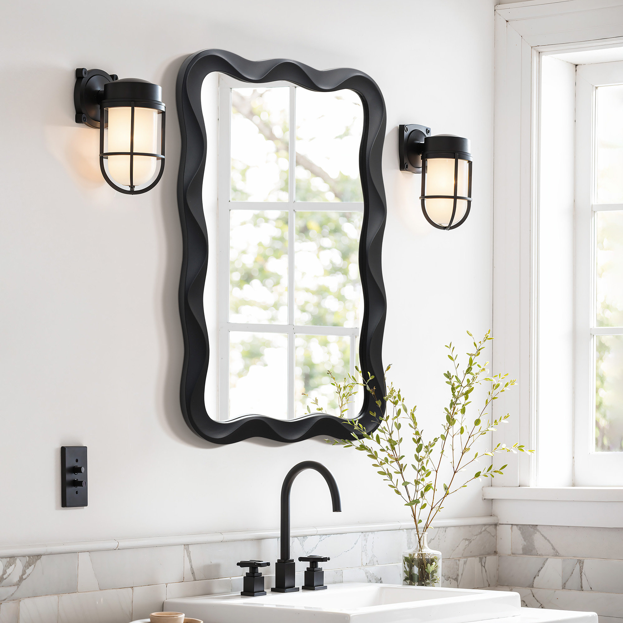 Ivy Bronx Modern Black MDF Wood Wavy Rectangle Wall Mirror, 35.4” H x ...