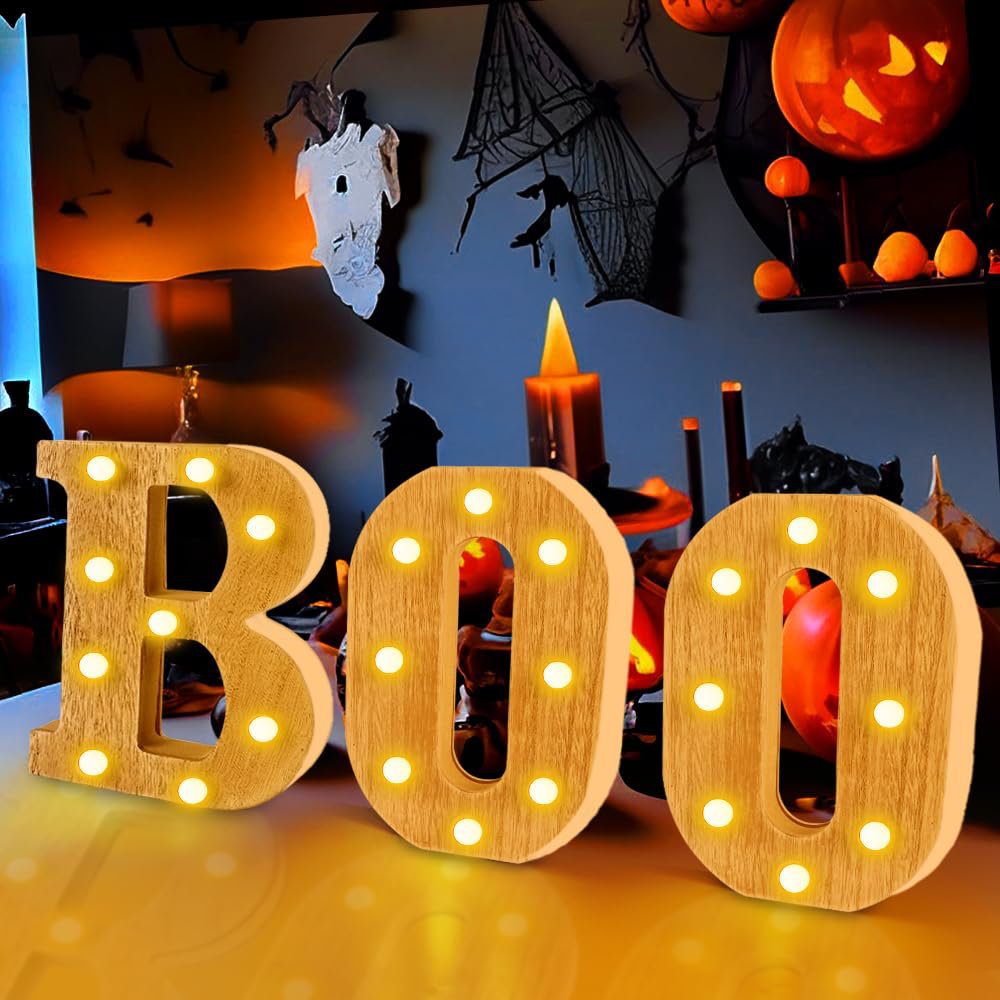 The Holiday Aisle® 3 LED Marquee Light Up Letters Wooden Boo Sign ...