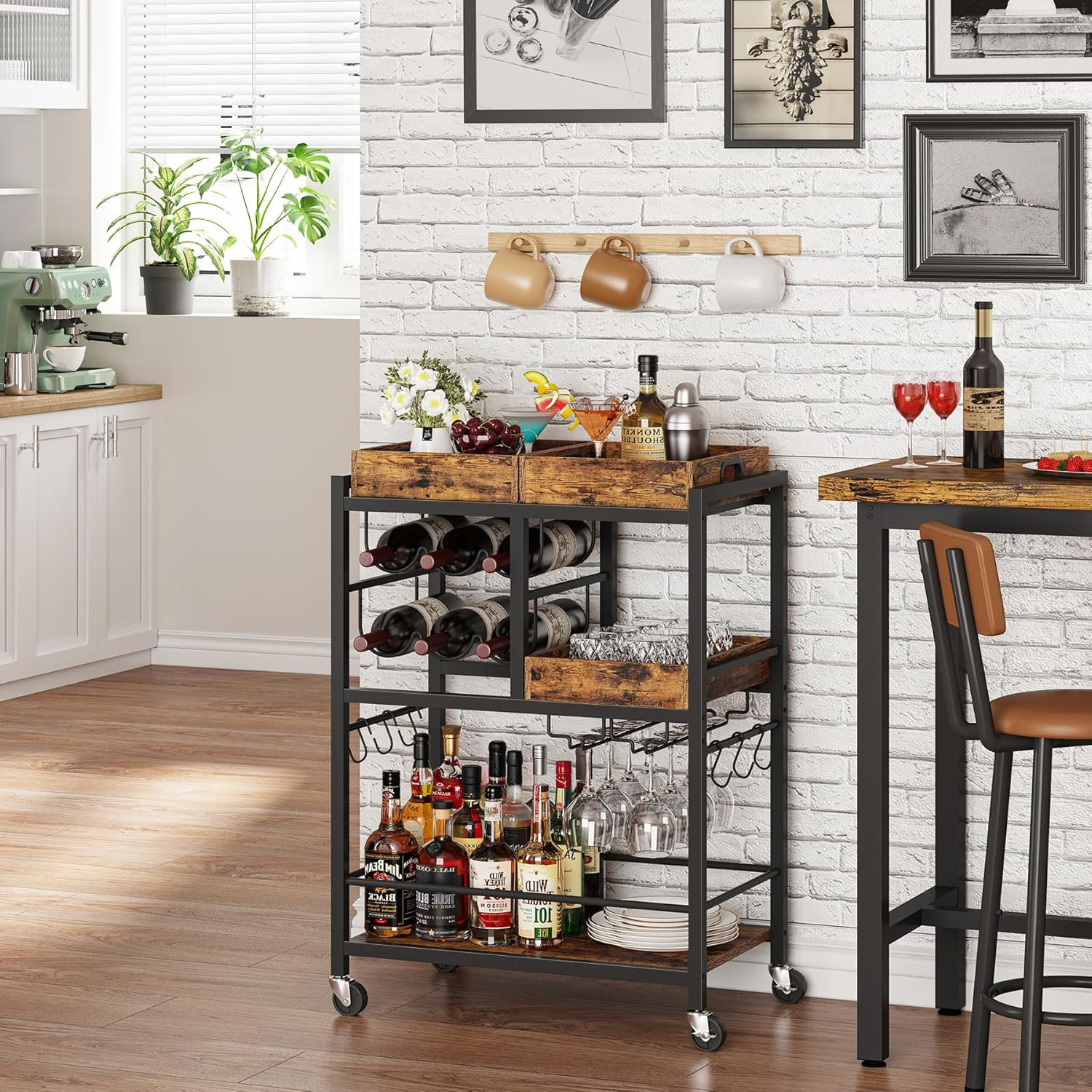 17 Stories Bar Cart, Home Bar Service Cart, Three-Storey Kitchen Cart ...