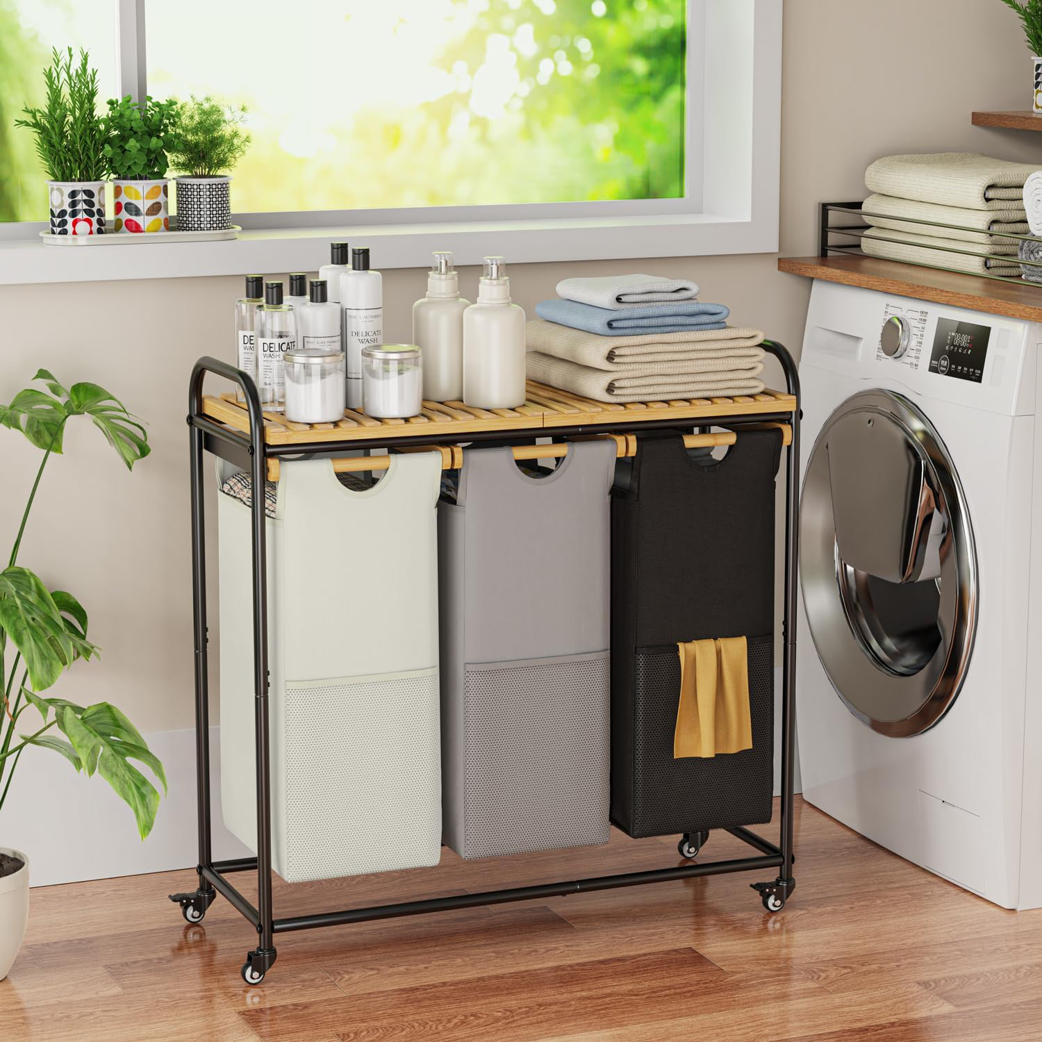 CHUANGWENYI Laundry Hampers 3 Section, Laundry Sorter With Removable ...