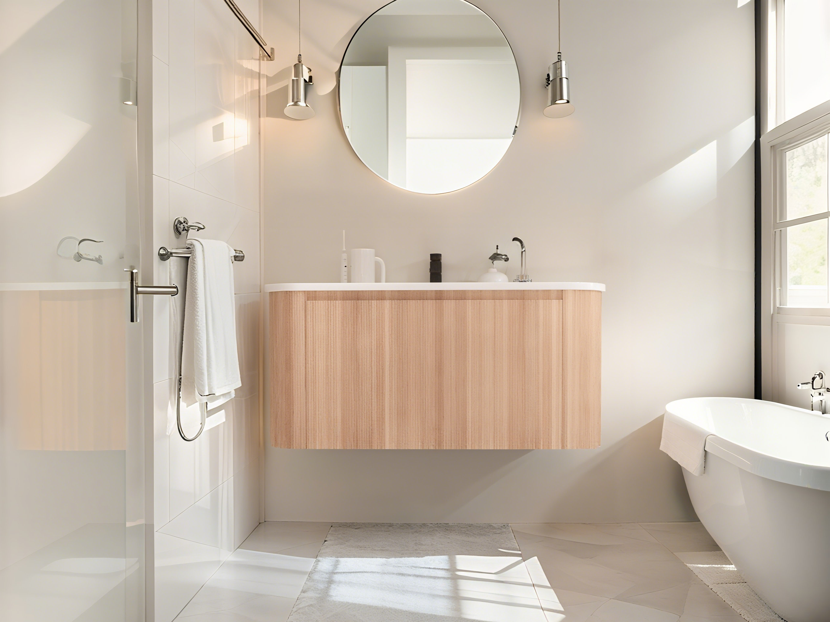 Ebern Designs Pre-Built Wave-Texture Floating Vanity with Curved Marble ...