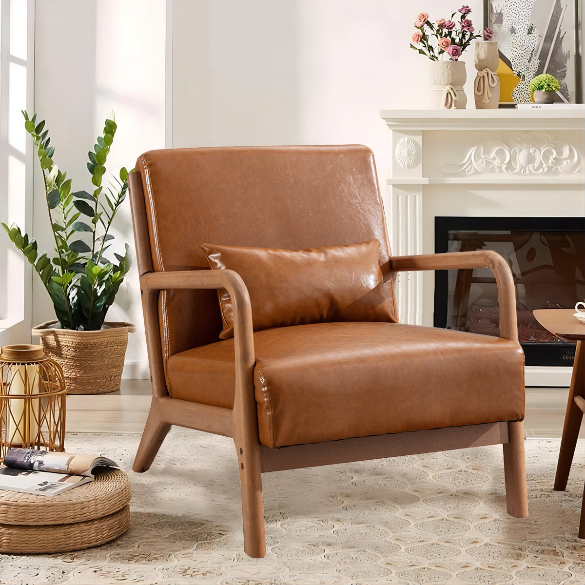 25.78 Wide Modern Design Leather Upholstered Accent Armchair with Solid Legs George Oliver Leather Type Camel Faux Leather