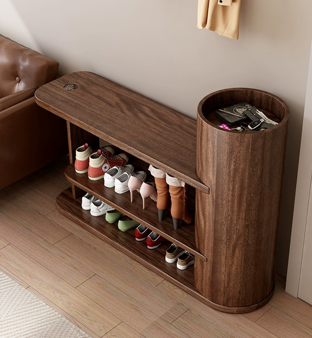 Ebern Designs Modern Solid Wood Shoe Storage Bench with Side Cylinder ...