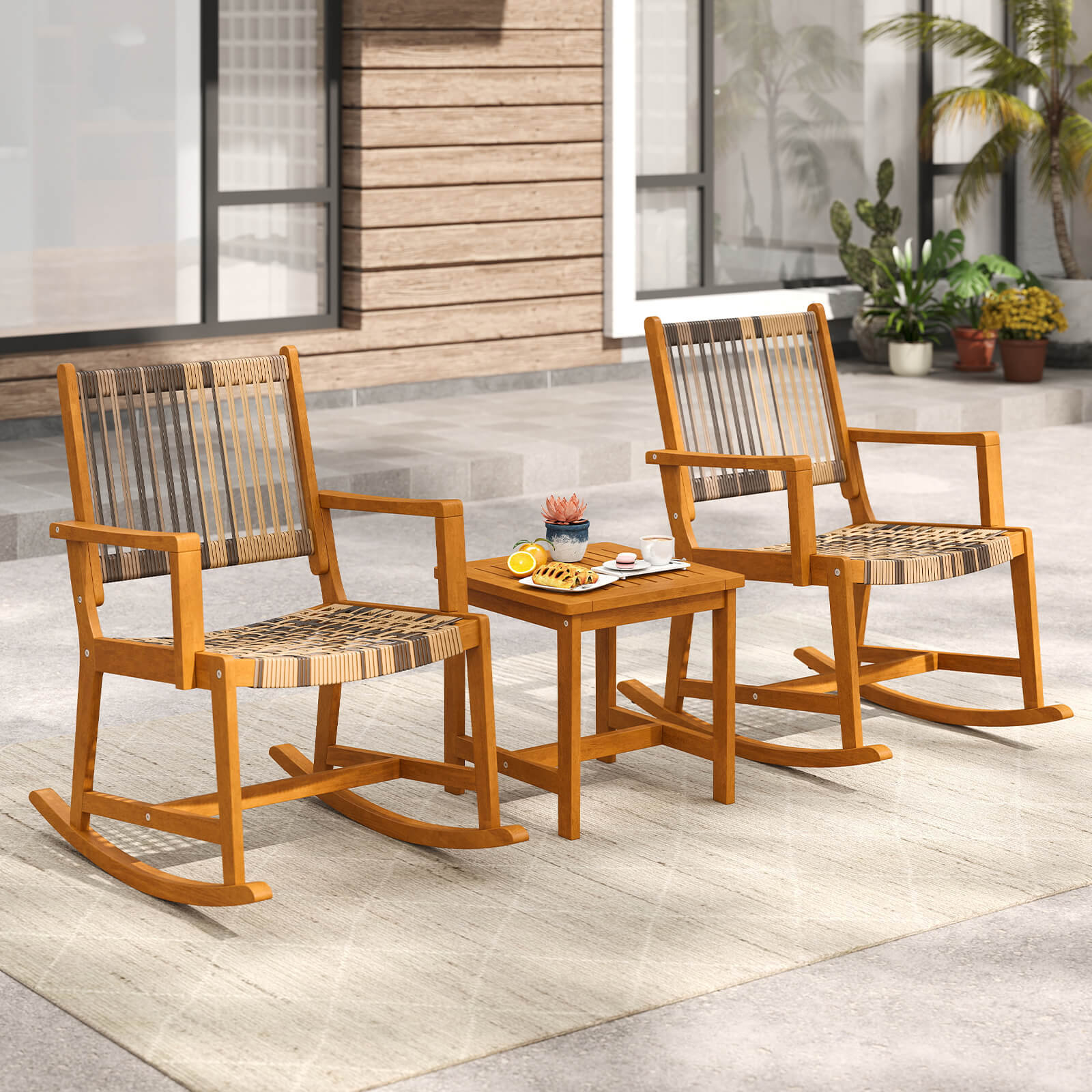 Ophelia & Co. 3 Piece Patio Rocking Set with Rattan Seat & Back Square ...