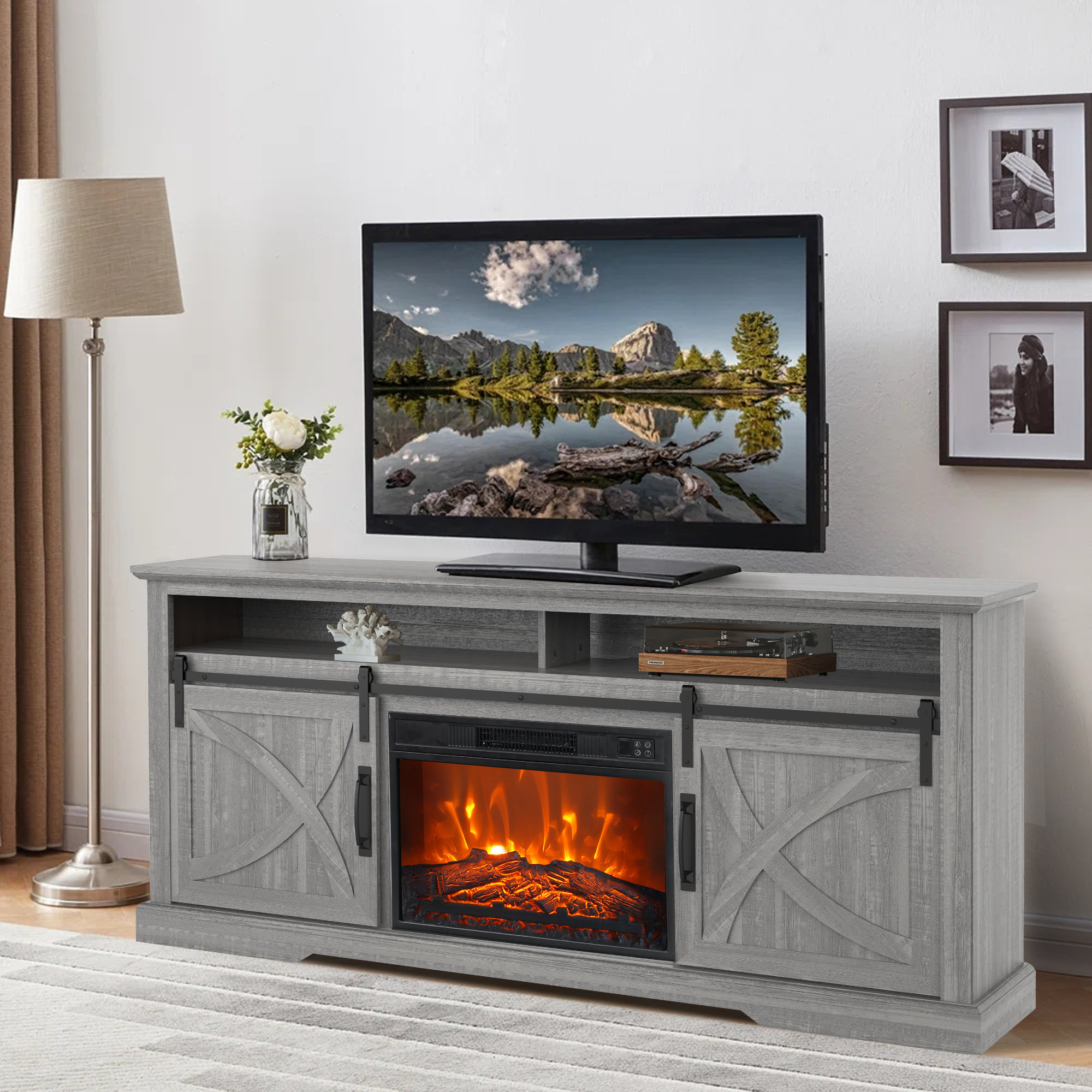 Gracie Oaks Patrizi 68" TV Stand With Electric Fireplace, Modern ...