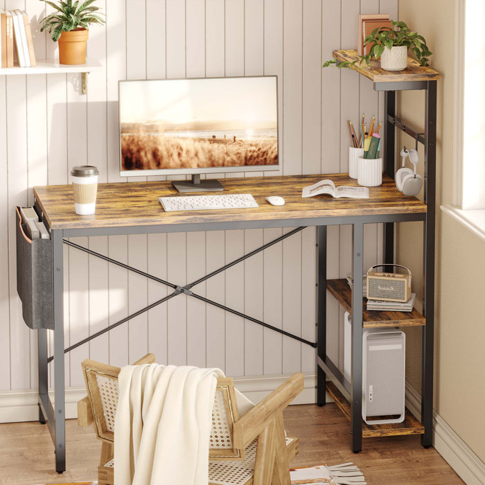 17 Stories Johnothan Computer Desk with 4 Tiers Shelves, LED, 44 ...