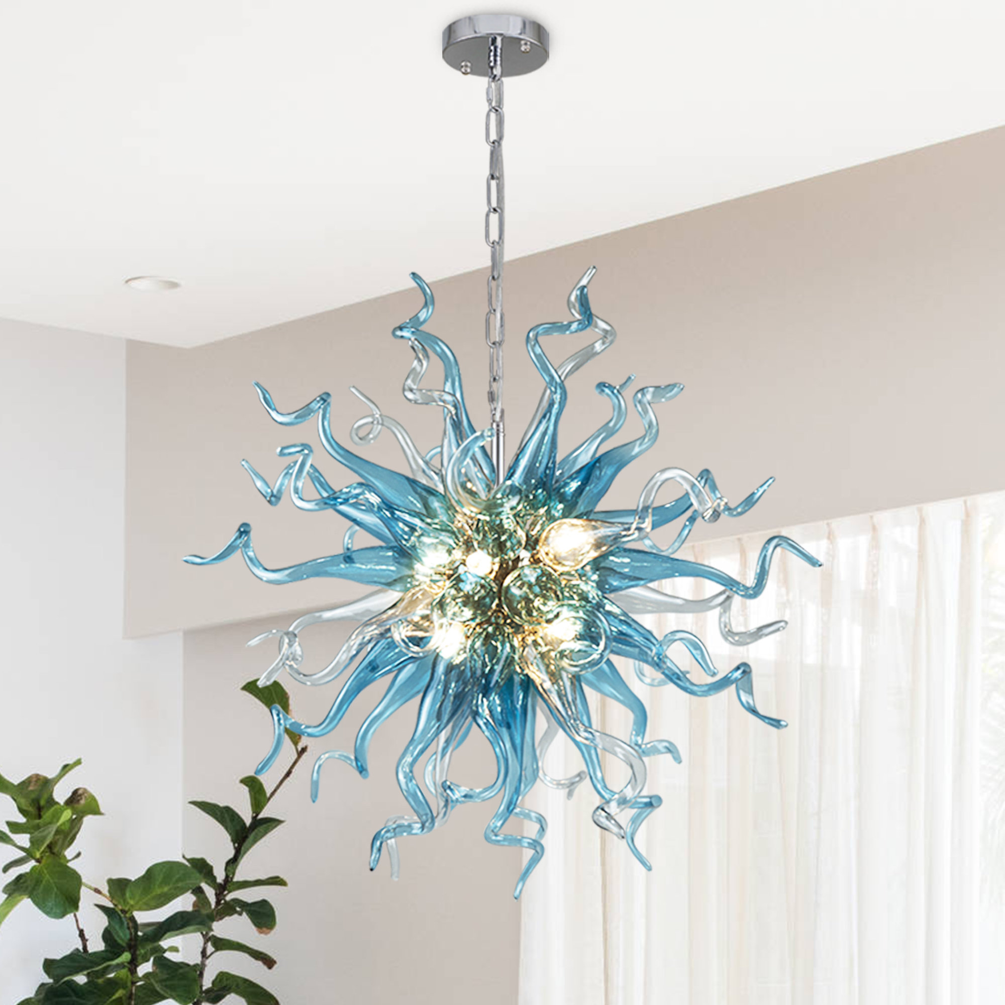 Everly Quinn Elegant Blue Tone Hand-blown Glass Chandelier, Ceiling ...