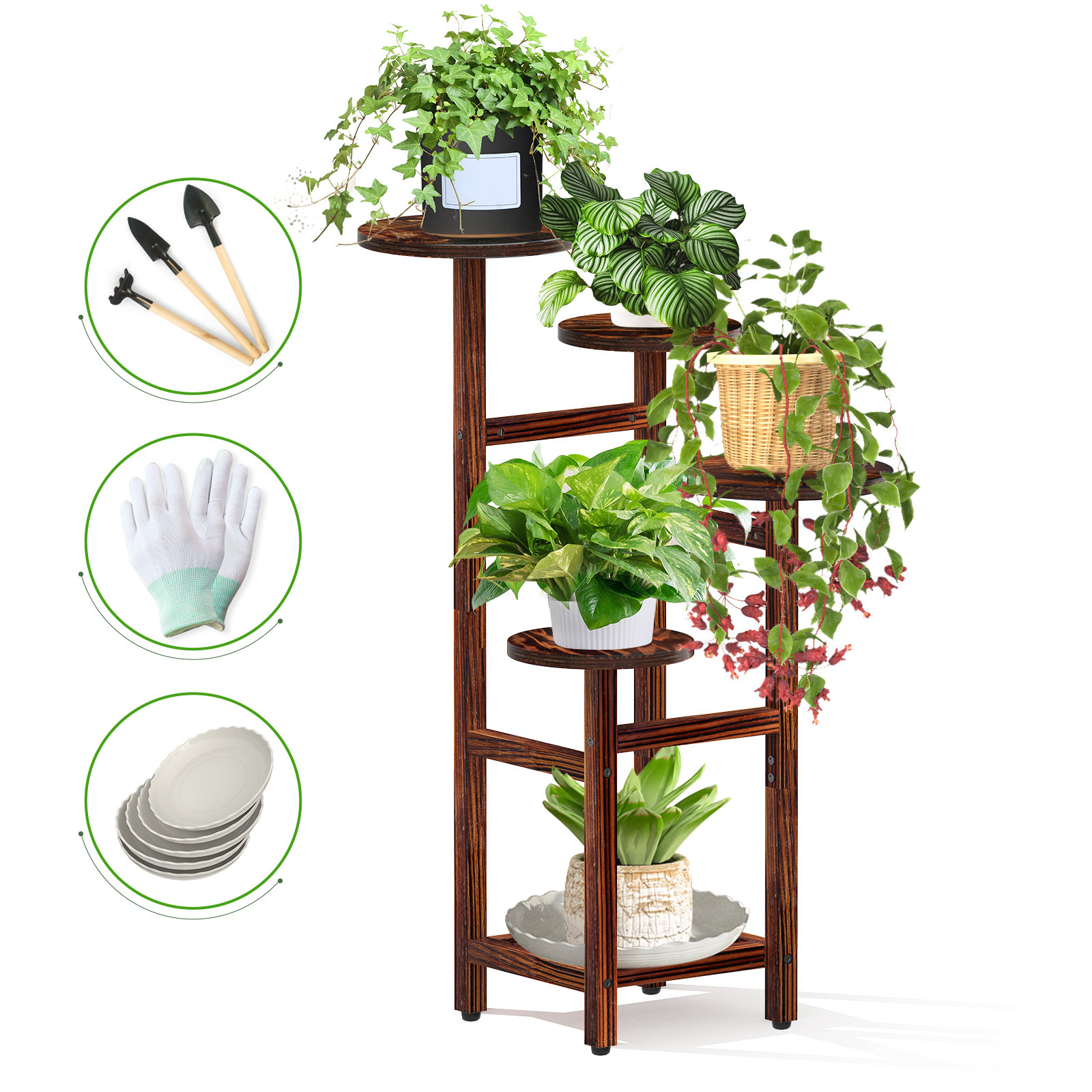 Arlmont & Co. 5 Tiered Round Plant Stand For Indoor, Wood Flower Stand ...