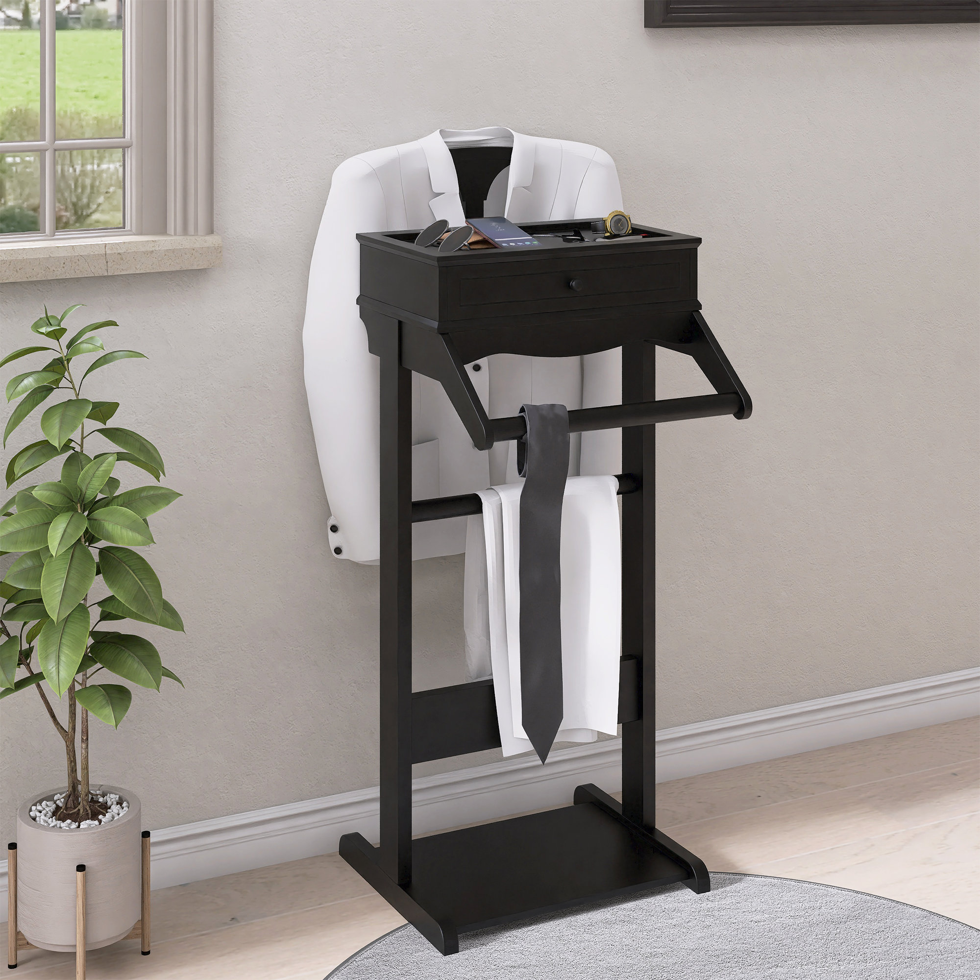 Latitude Run® Modern Wooden Valet Stand With Storage Shelves - Heavy ...