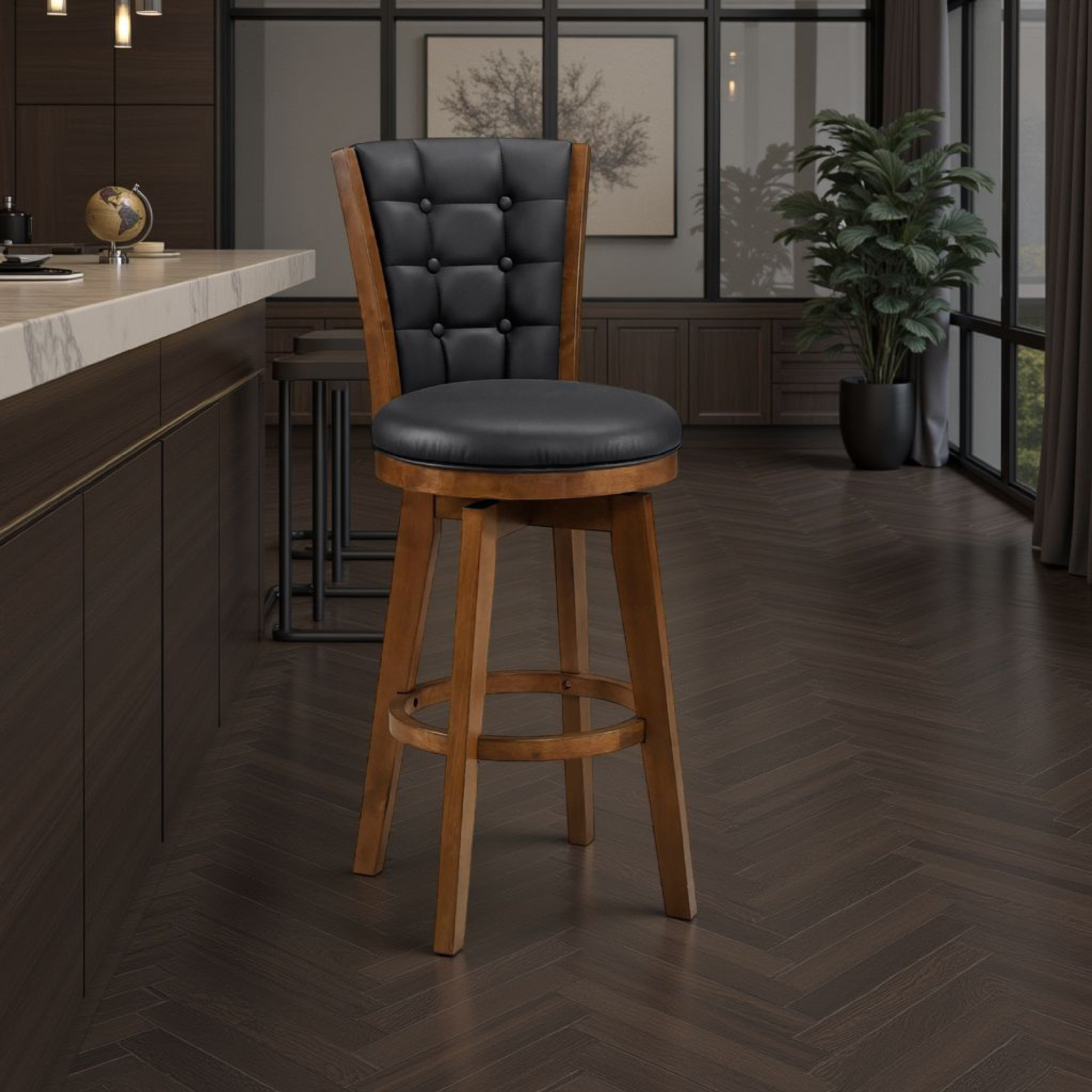 Benjara Core Set Of 2 Swivel Barstool Chairs, Brown Wood, Black Faux ...
