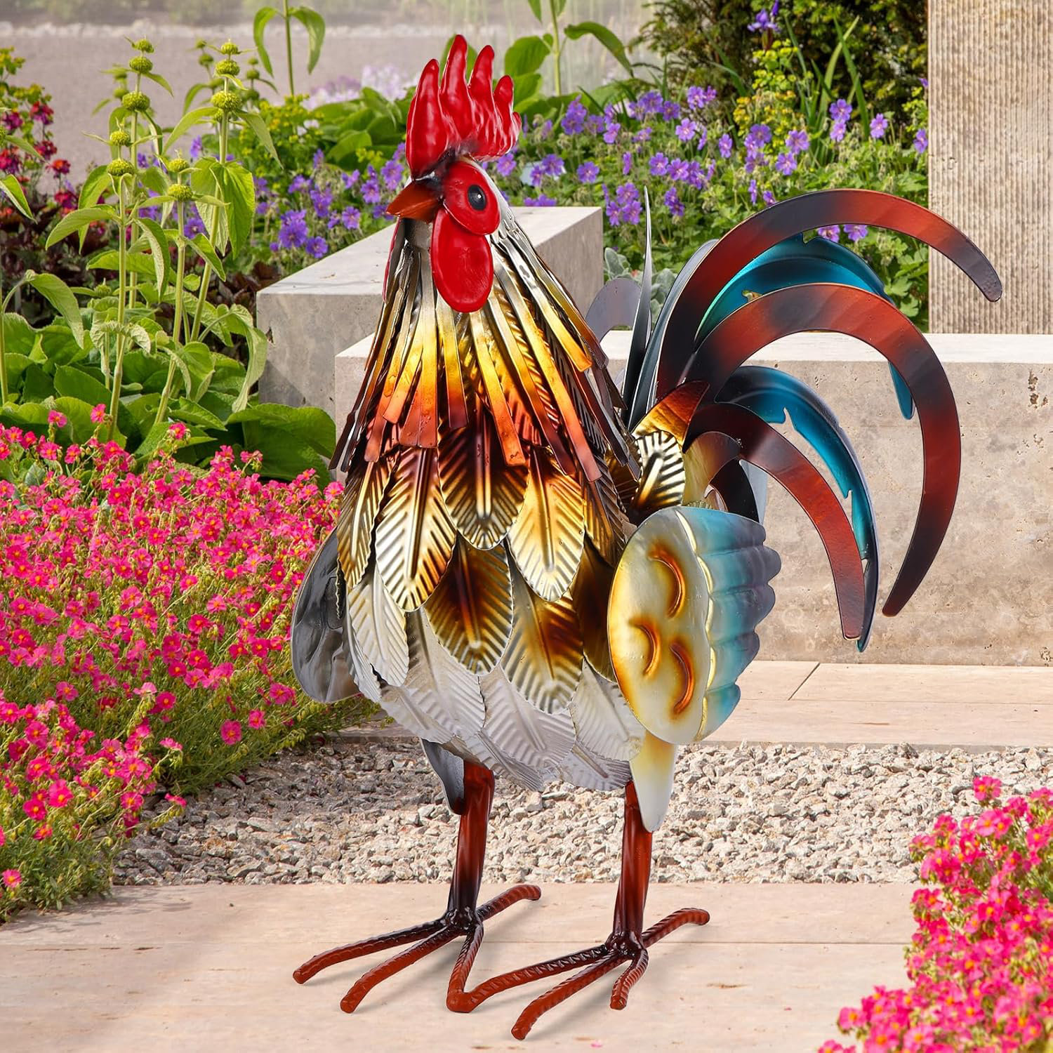Gracie Oaks Metal Rooster Garden Statue Outdoor Sculpture Chicken ...