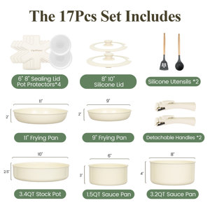 Chef Power 17 - Piece Ceramic Nonstick Cookware Set, Cream & Reviews ...