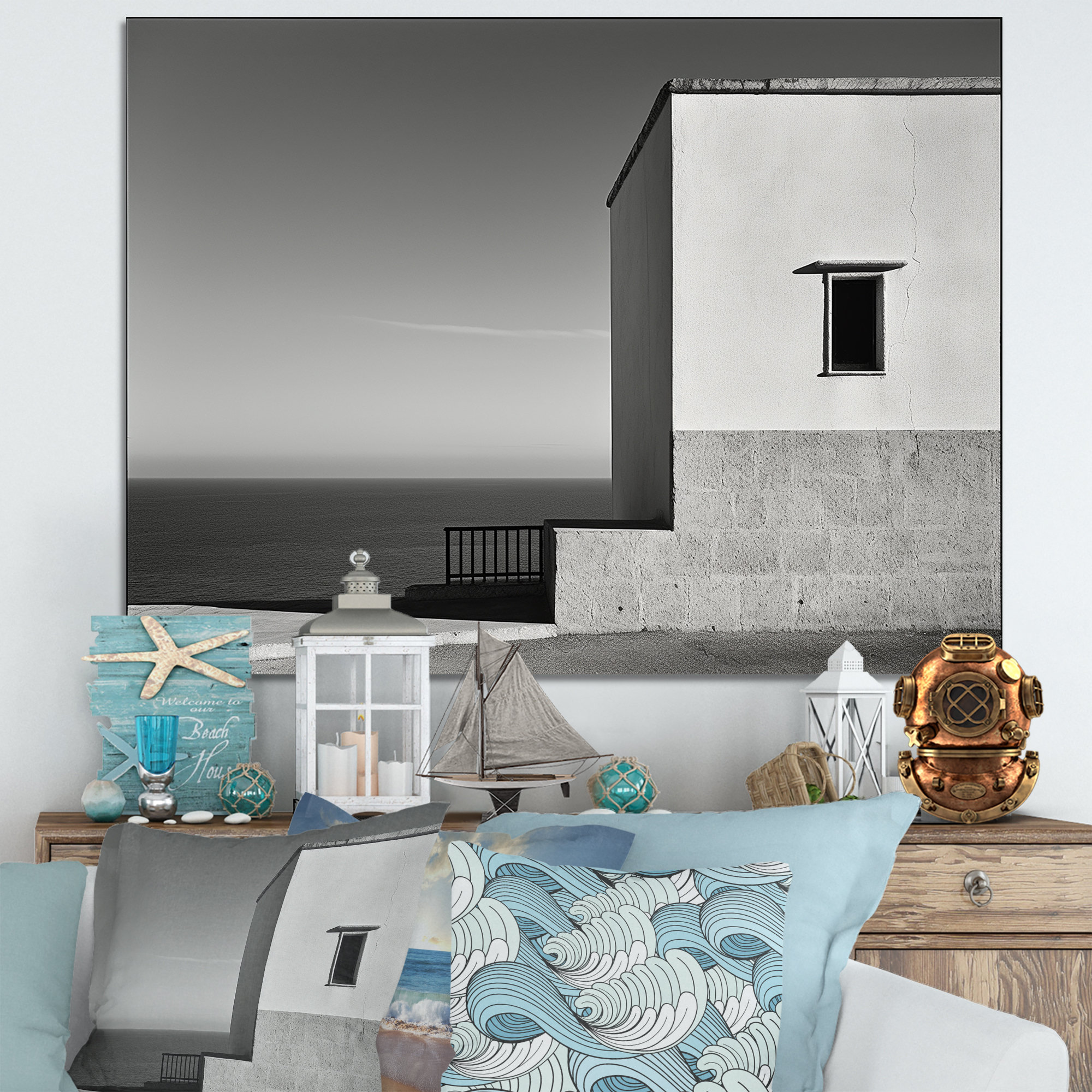 Ebern Designs Black And White Coastal Horizon - Nautical & Beach Canvas ...