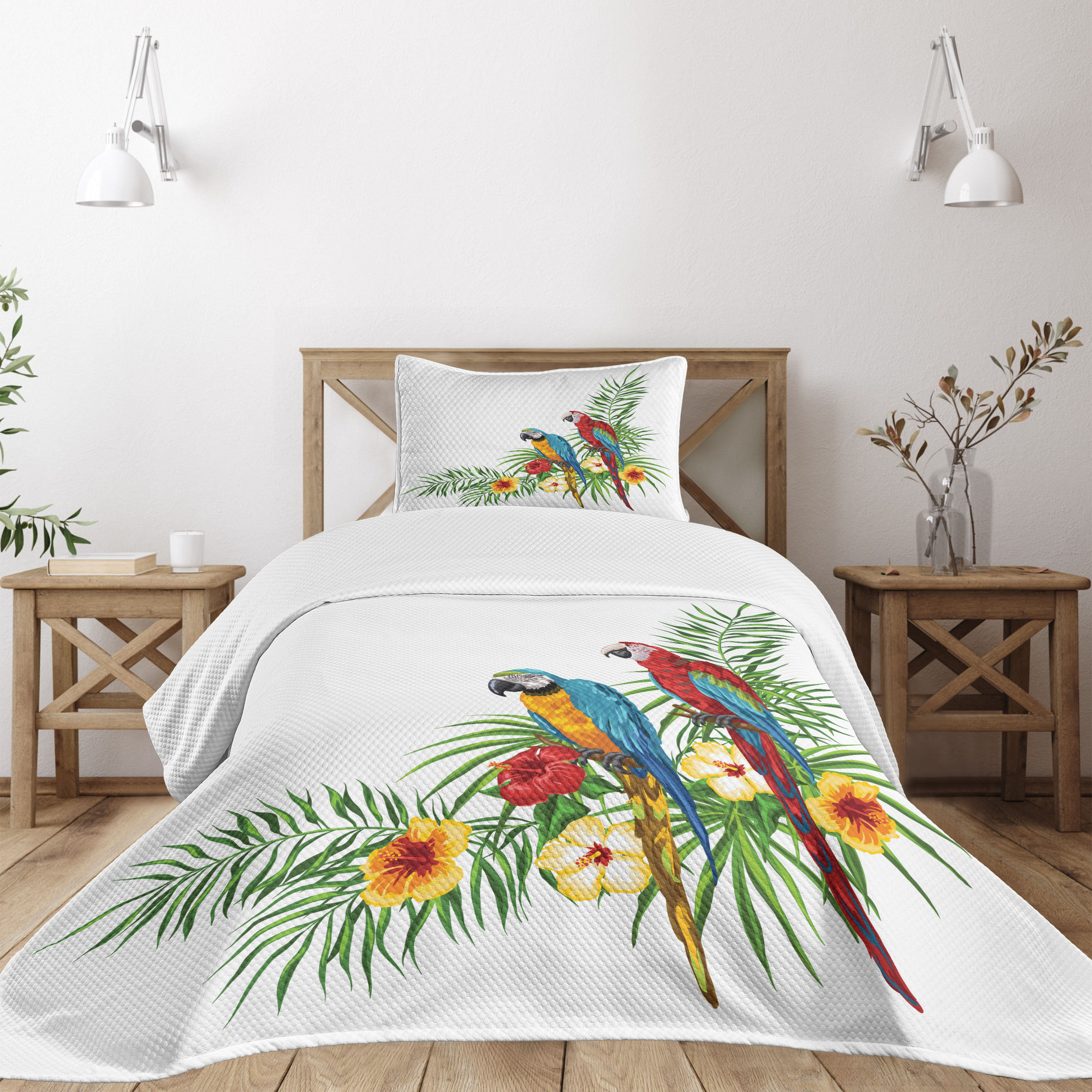 Ambesonne Bird Print Bedspread Set Tropical Parrots Flowers Multicolor ...