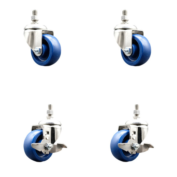 Service Caster 316SS Solid Polyurethane Swivel Threaded Stem Caster Set ...