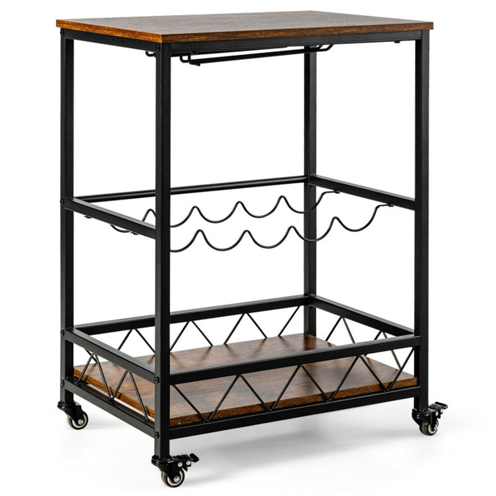 17 Stories Tyral Floor Wine Bottle & Glass Rack Rustic Brown | Wayfair