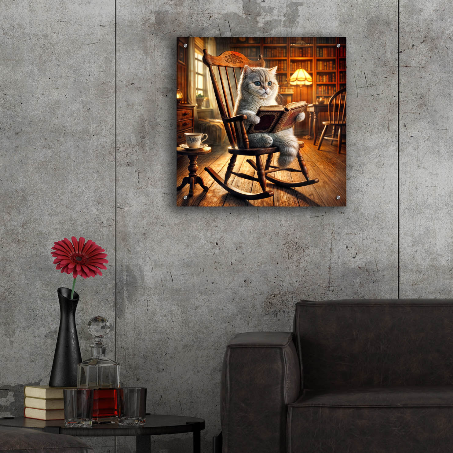 Trinx 'Cat In Rocking Chair Reading' by Rey Klimt Acrylic Glass Wall ...