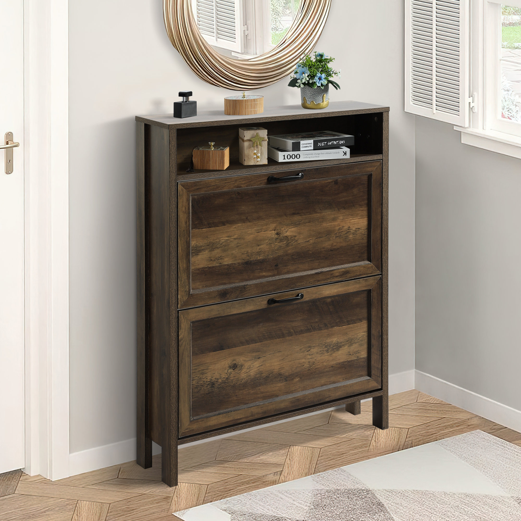 LOUVIXA Slim Shoe Storage Cabinet With 2 Flip Drawers, Hidden Shoe ...