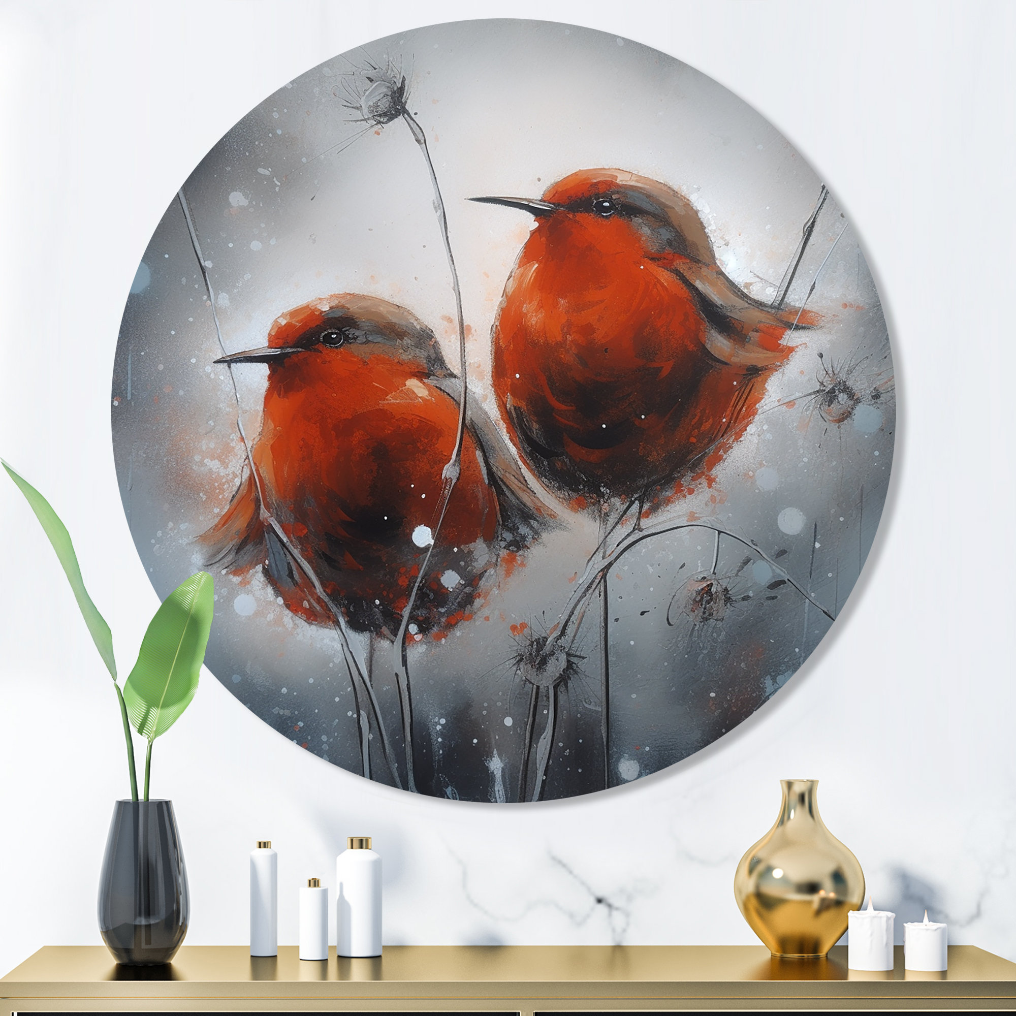 Red Barrel Studio Two Red Birds Sitting On Branch - Animal Birds Metal ...