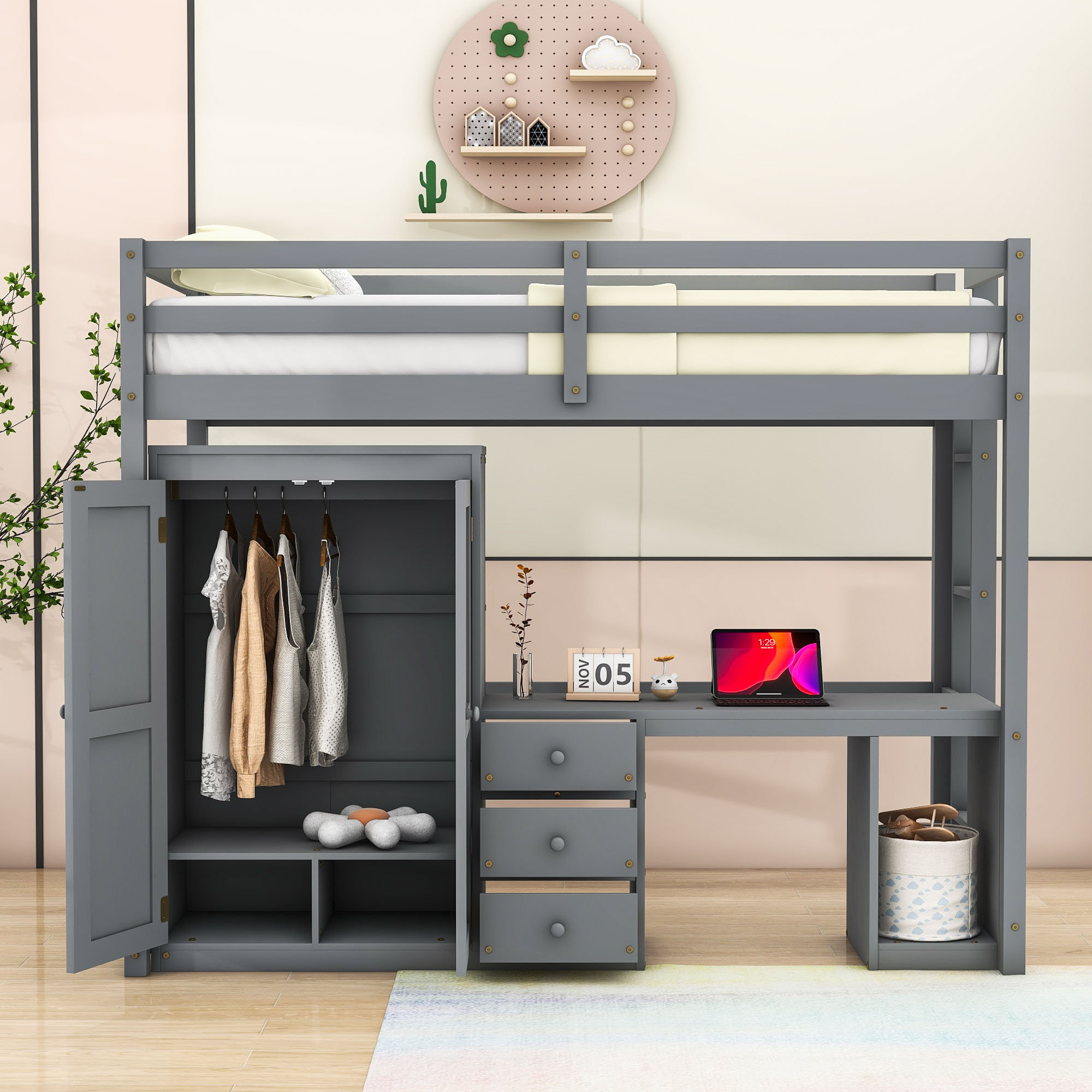 Harriet Bee Junno Loft Bed With Wardrobe, Desk, 3 Drawers And Open ...