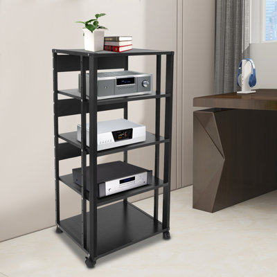 Ebern Designs 5-Tier AV Media Stand with Wheels, Wooden Audio-Video ...