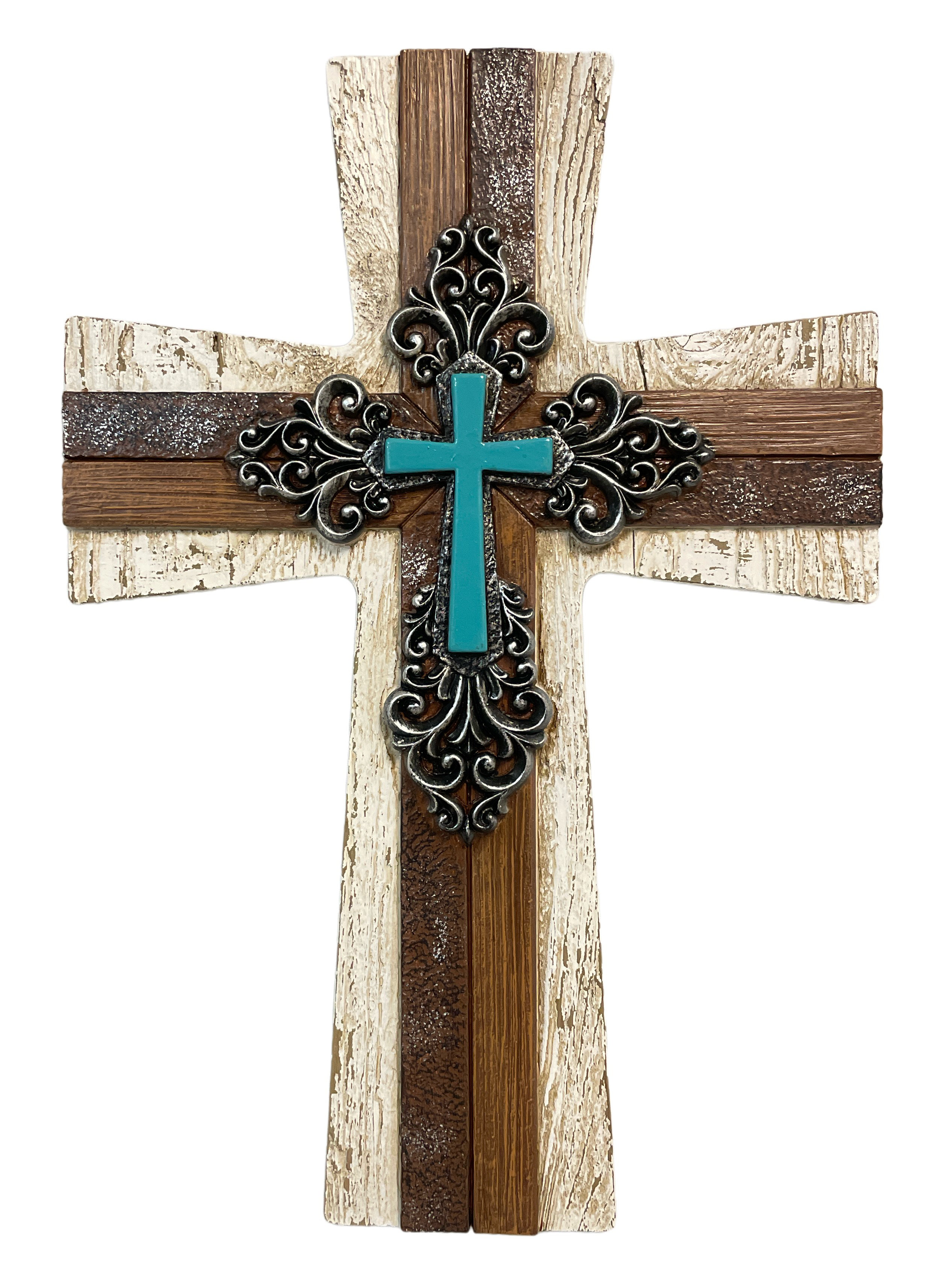 Fleur De Lis Living Polyresin Faux Wood Layered Cross with Ornate ...