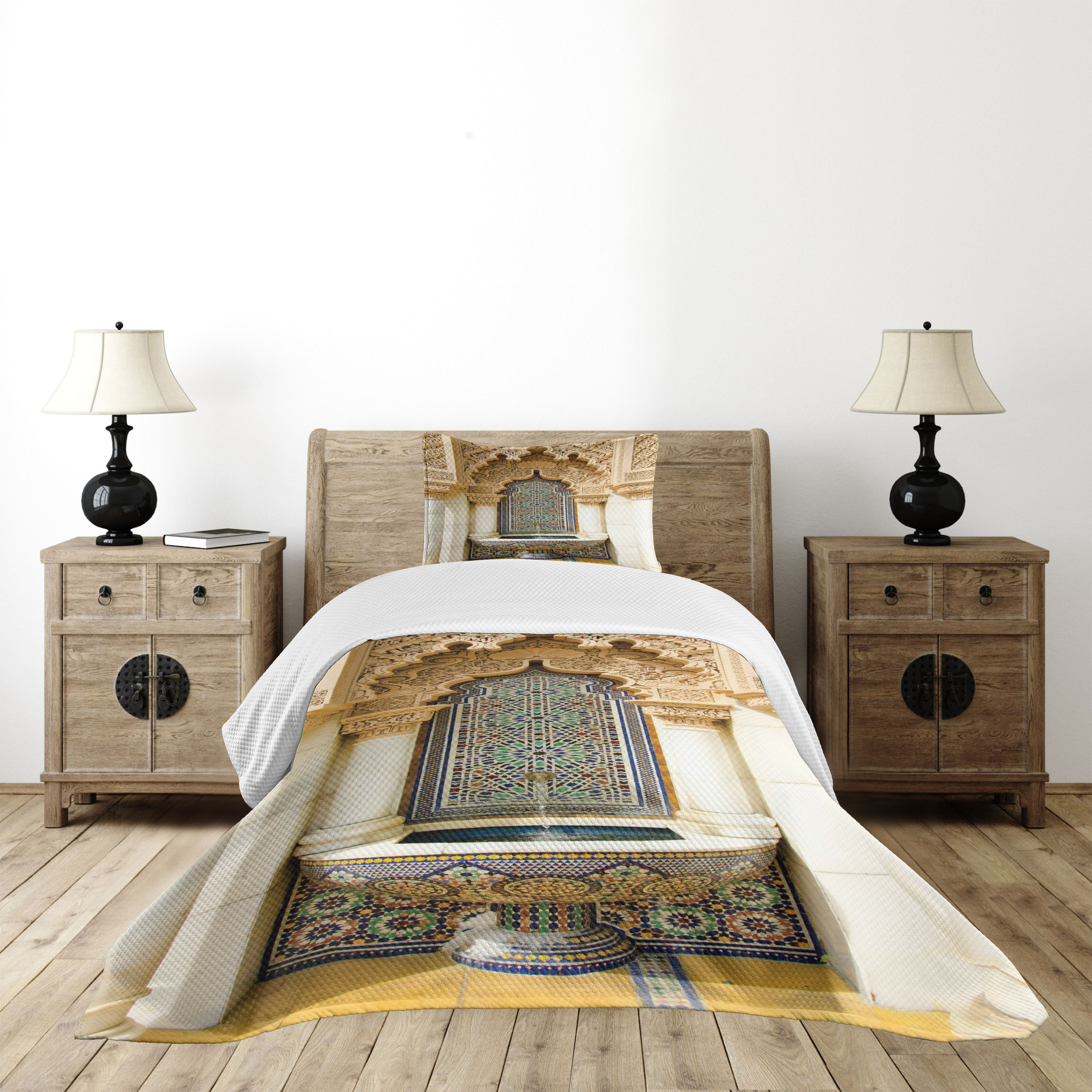 Ambesonne Moroccan Bedspread Set Vintage Eastern Art Ivory Pale Brown ...