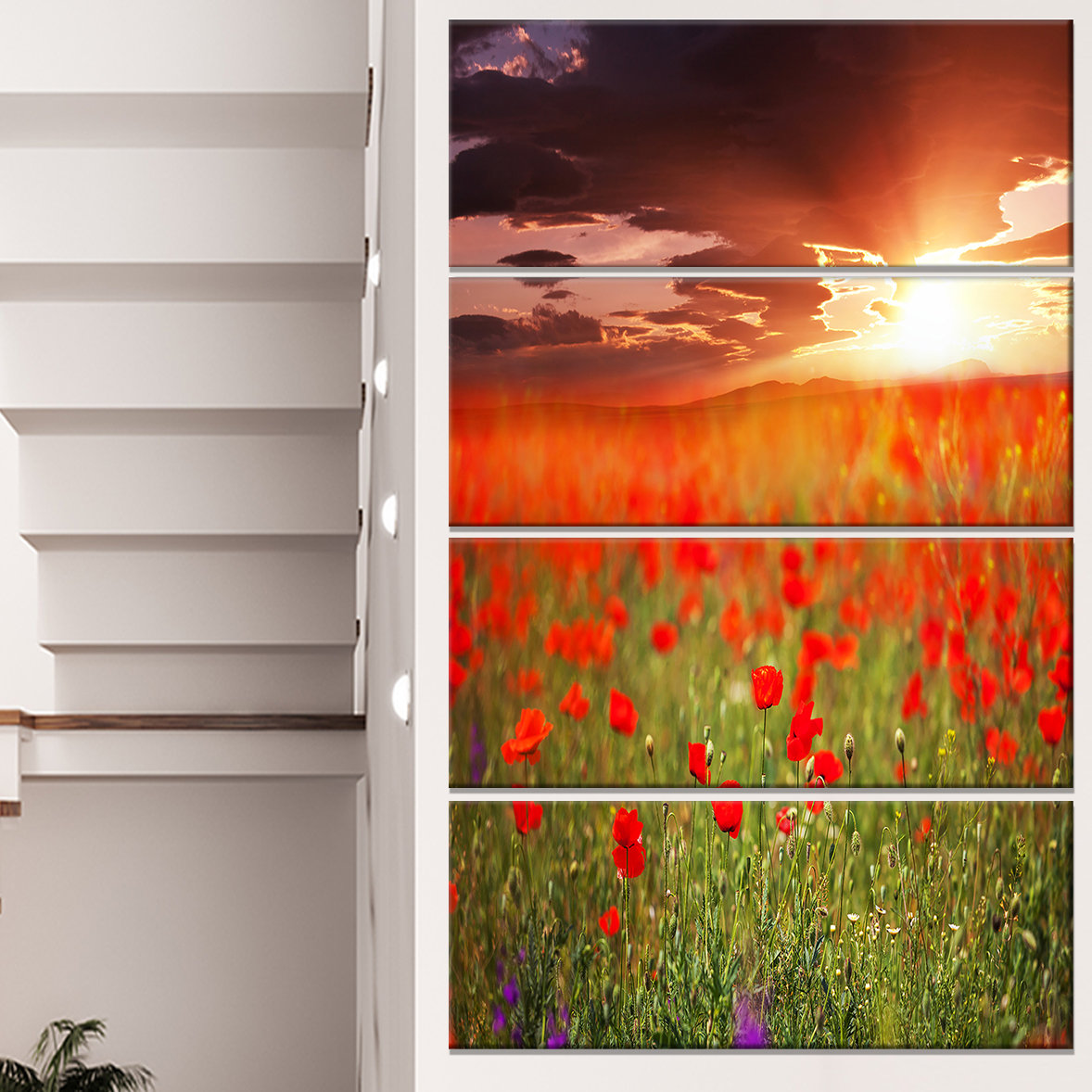Design Art 'Wild Poppy Flowers at Cloudy Sunset' 4 Piece Graphic Art on ...