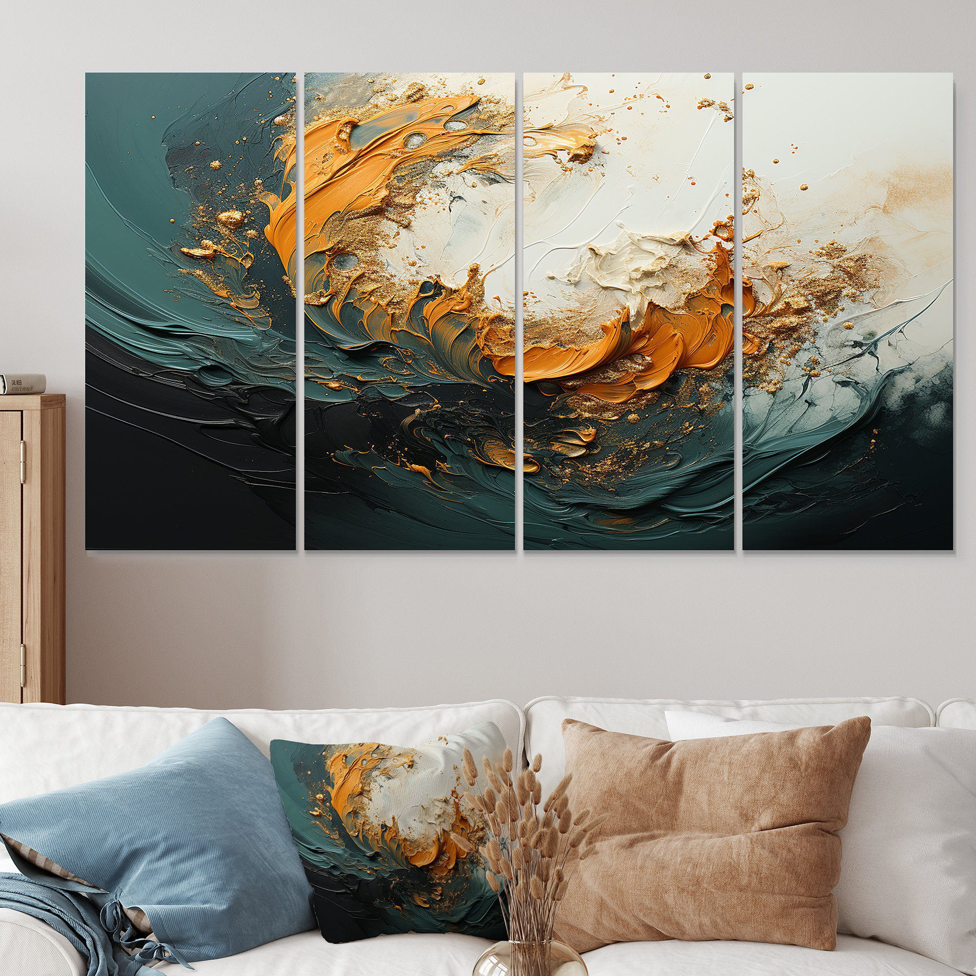 Mercer41 Orange And Gold Marble Lava IV - Abstract Painting 4 Piece ...
