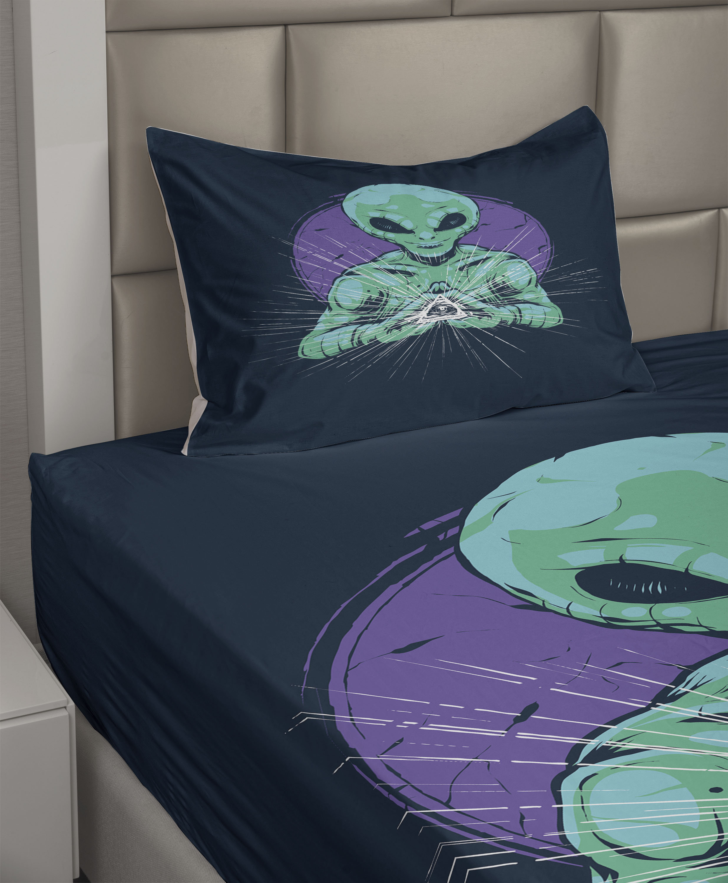 Ambesonne Alien Sheet Set Retro Extra-Terrestrial Art Navy Blue Violet ...