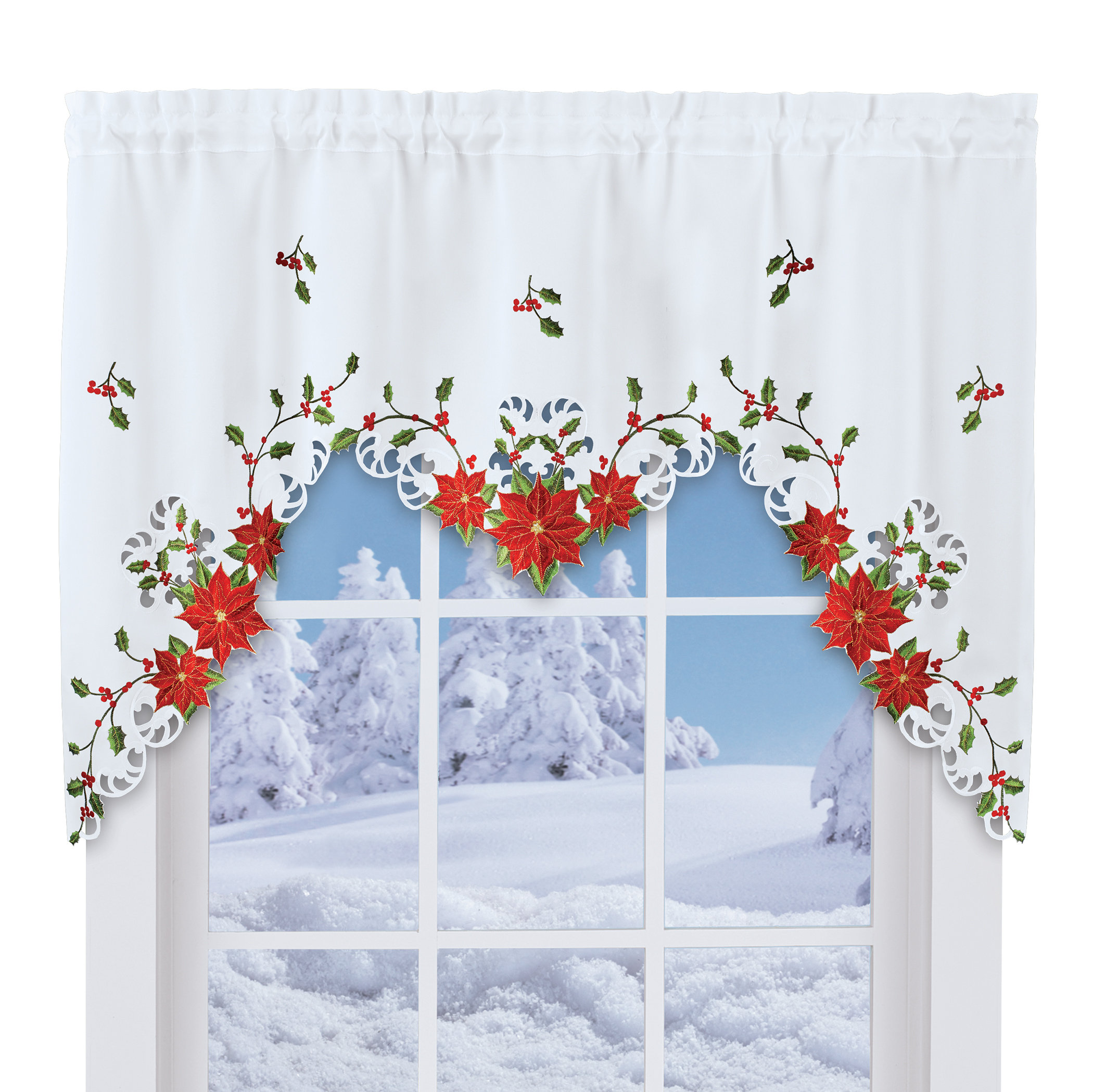 The Holiday Aisle® Festive Red Poinsettia and Berry Embroidered Window ...