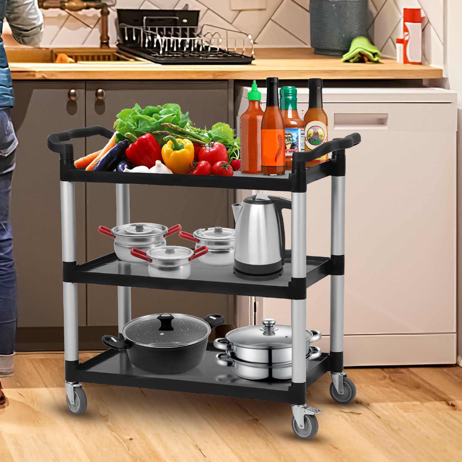 FXSGER 3-Tier Service Cart, Rolling Tool Trolley with Locking Wheels ...