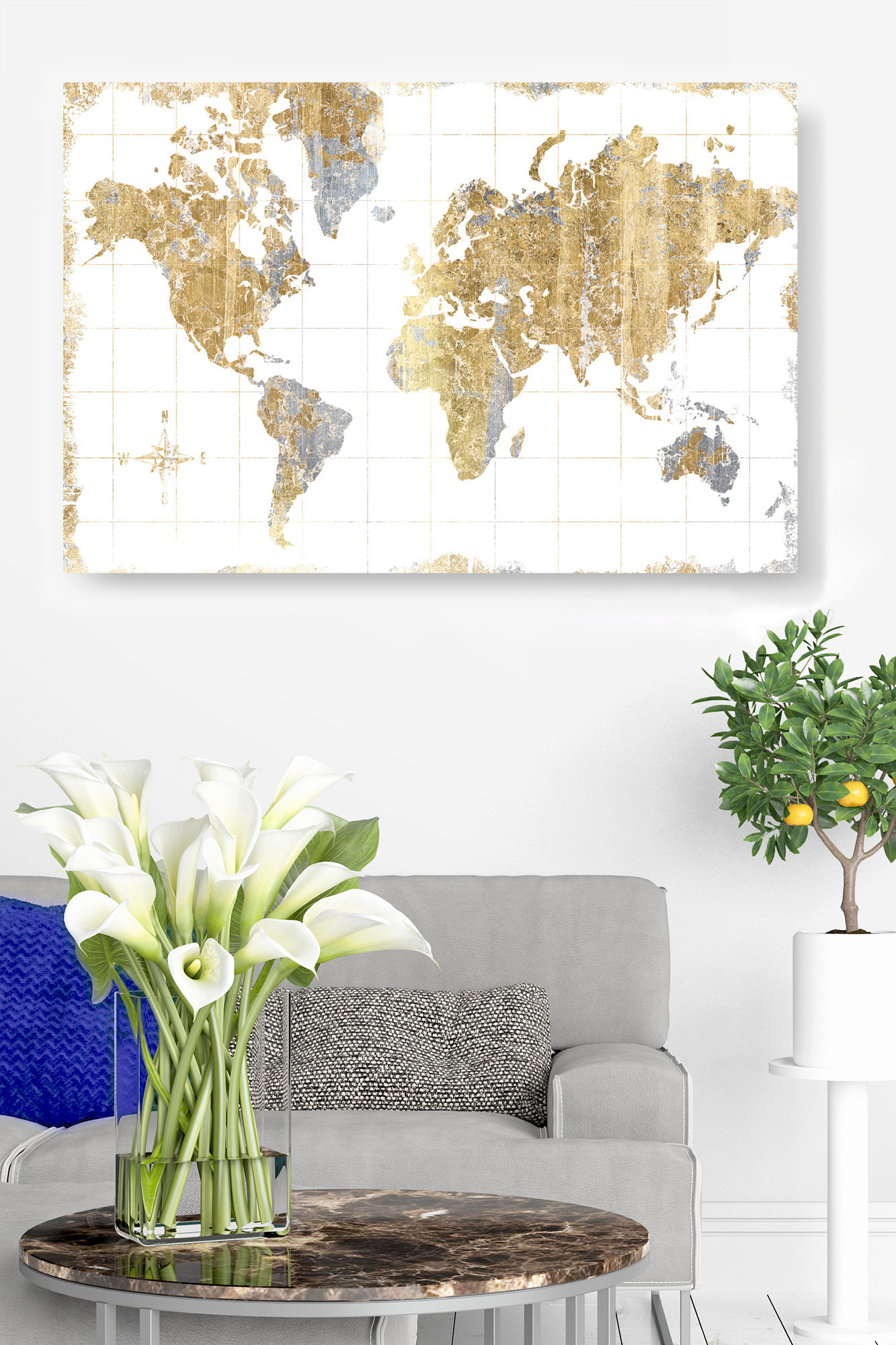 Canora Grey map Global World Map, Gold Gilded On White | Wayfair