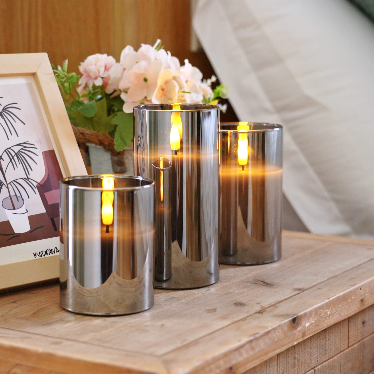 Orren Ellis Gray Glass Flameless Candles, Battery Powered LED Pillar ...