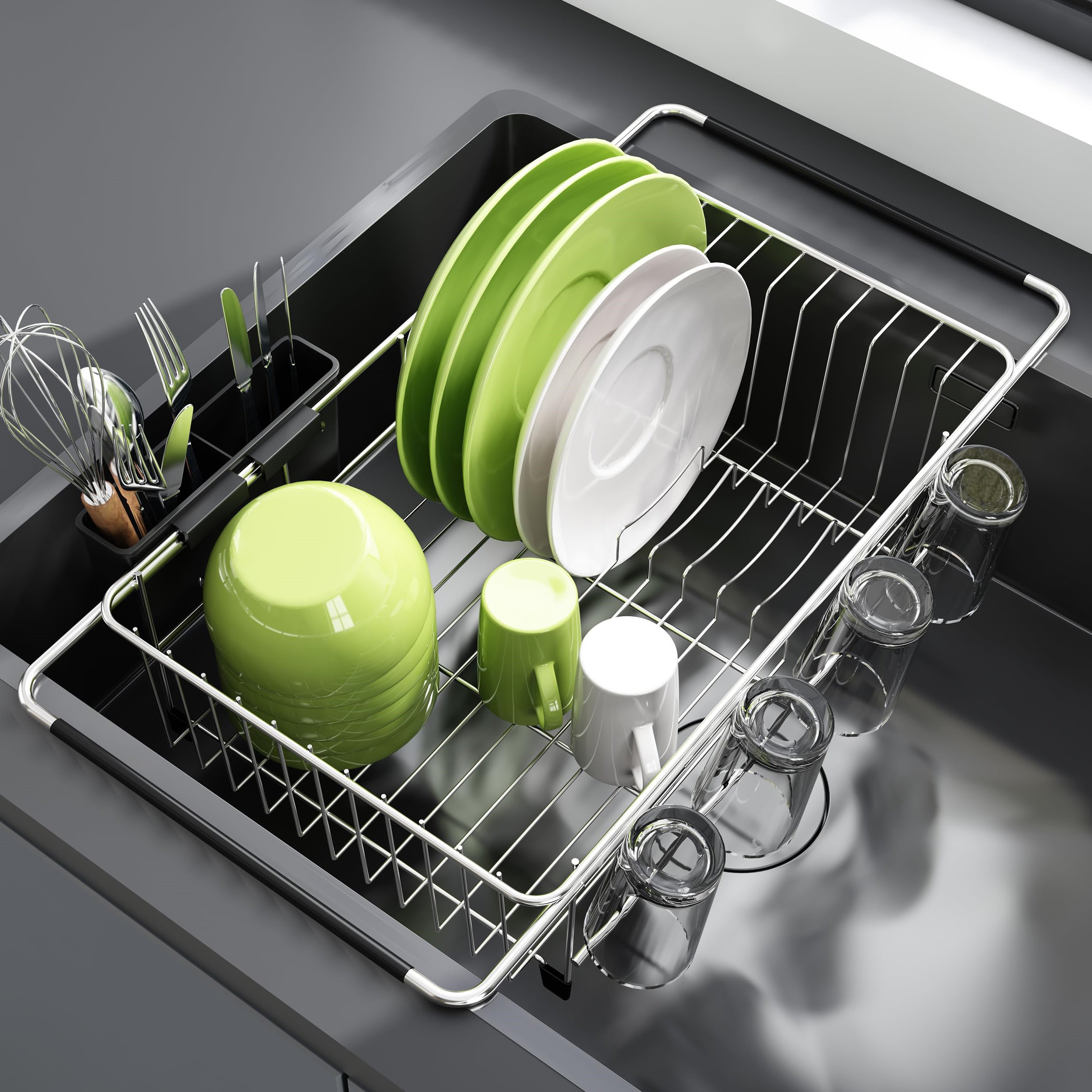 QUDOBI Stainless Steel Dish Drying Rack In Sink With Expandable Rubber ...