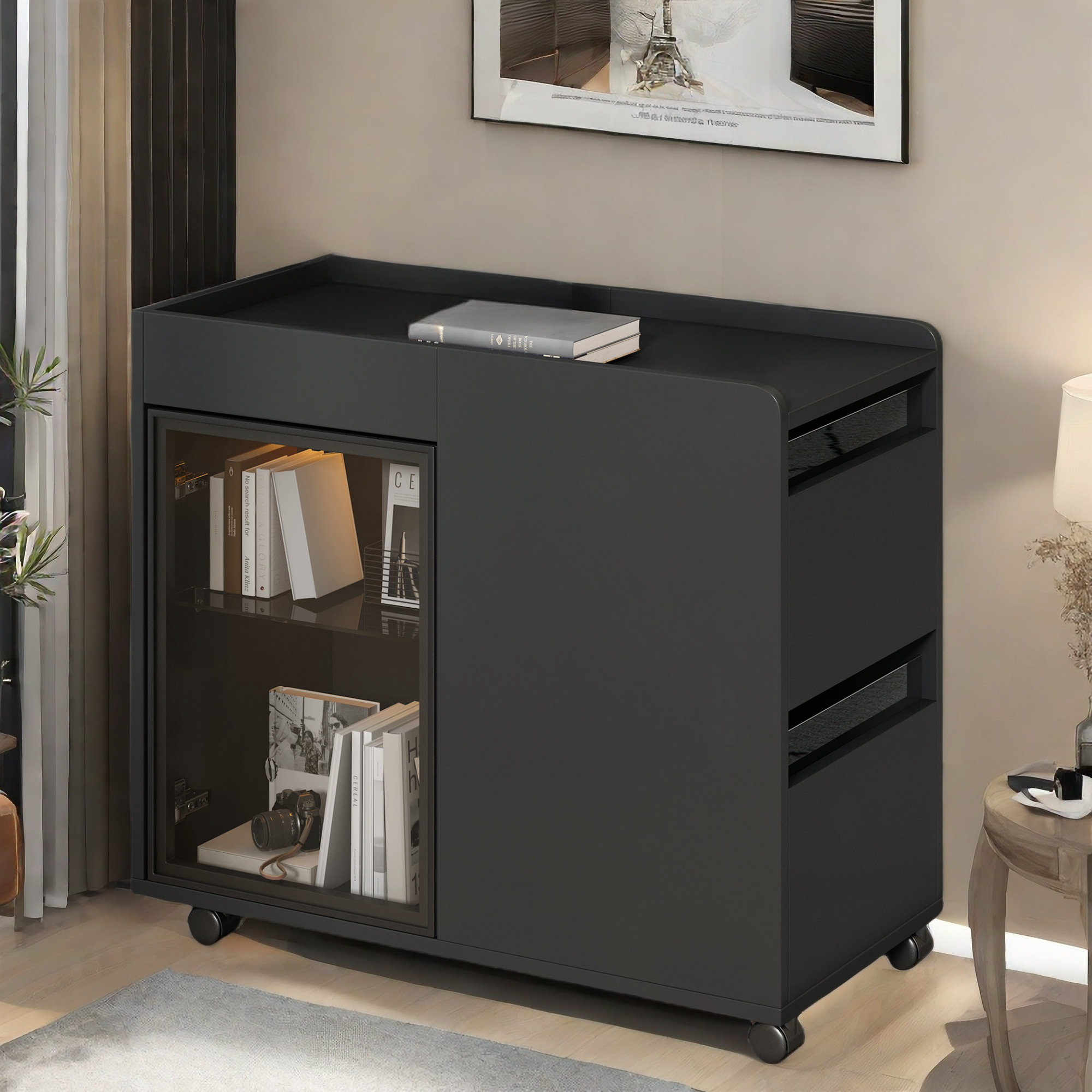 Latitude Run® Modern End Table With Led Light, Glass Door, 2 Drawers ...