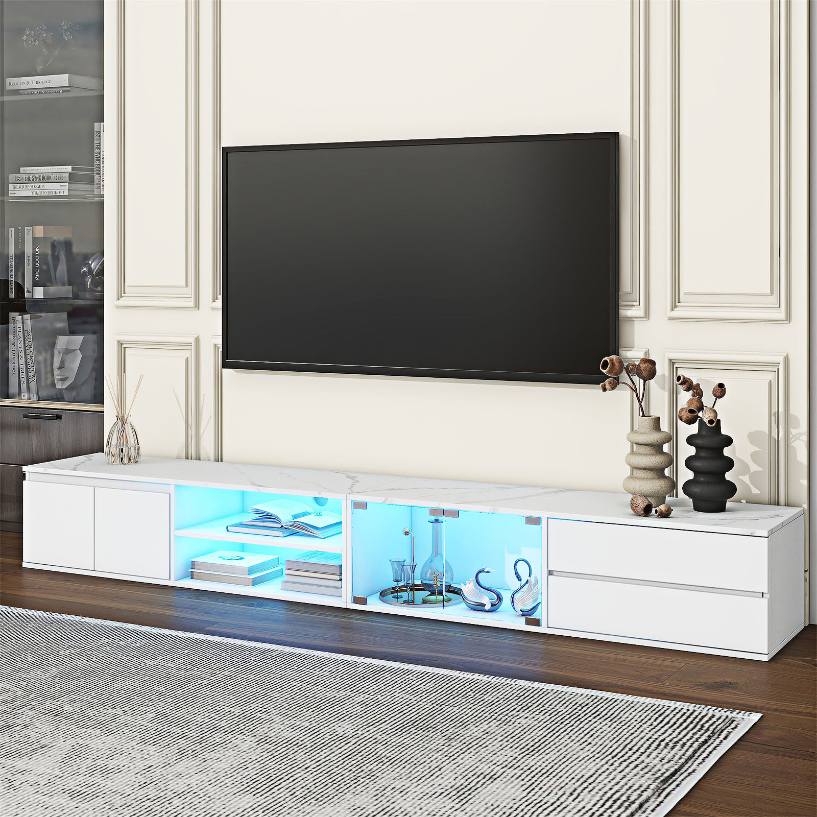 Ivy Bronx Modern LED TV Stand with Tempered Glass Doors 2 Drawers and ...